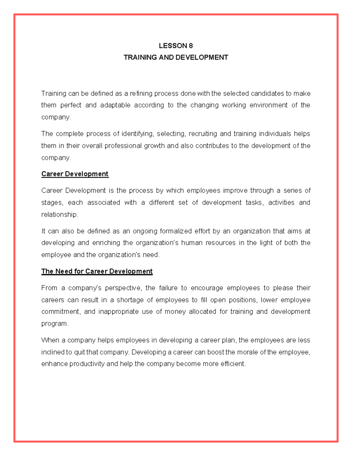 Lesson 8 Training AND Development - LESSON 8 TRAINING AND DEVELOPMENT ...