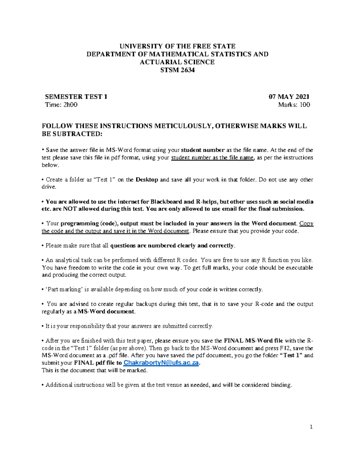 Question paper Test1 - MEMO - UNIVERSITY OF THE FREE STATE DEPARTMENT ...