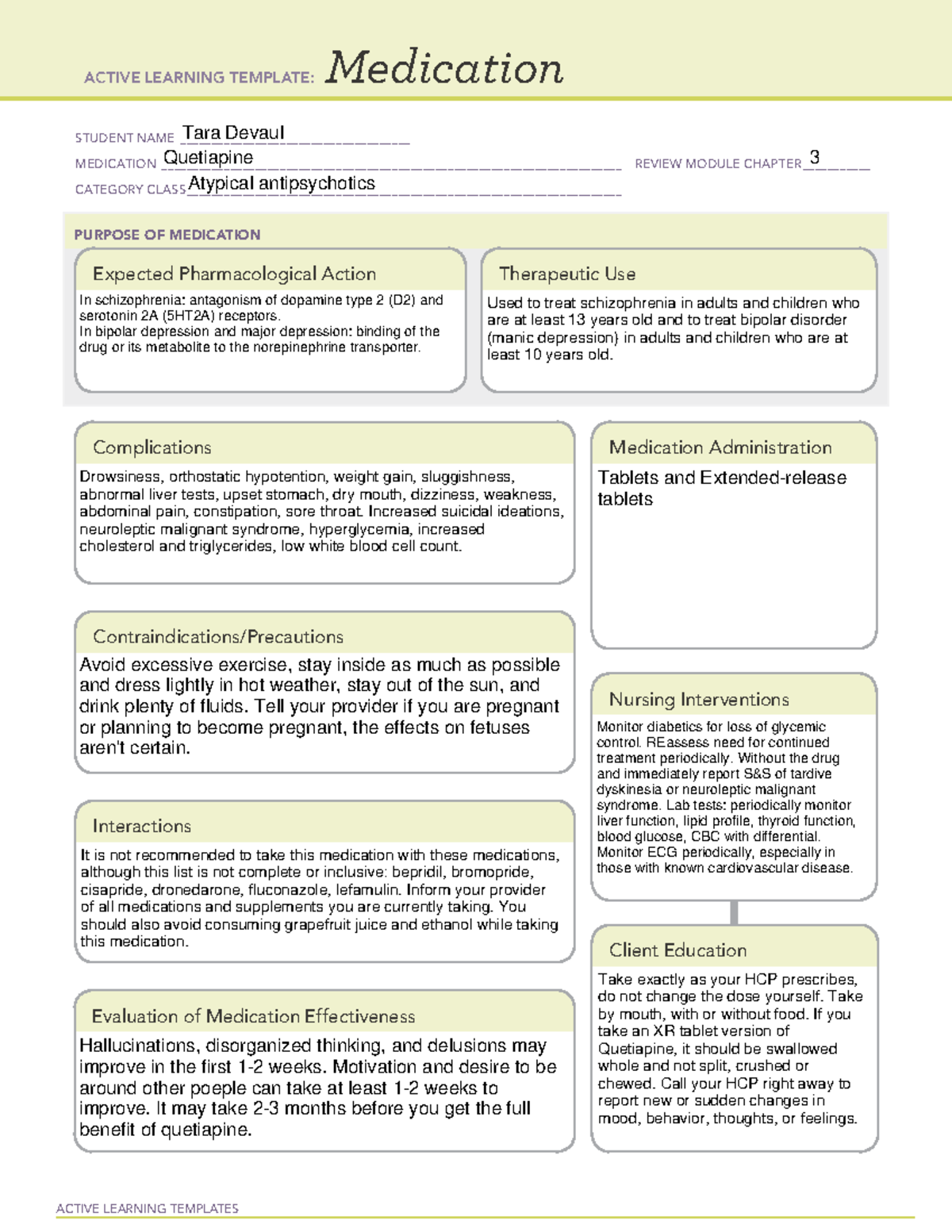 Quetiapine med card - ACTIVE LEARNING TEMPLATES Medication STUDENT NAME ...