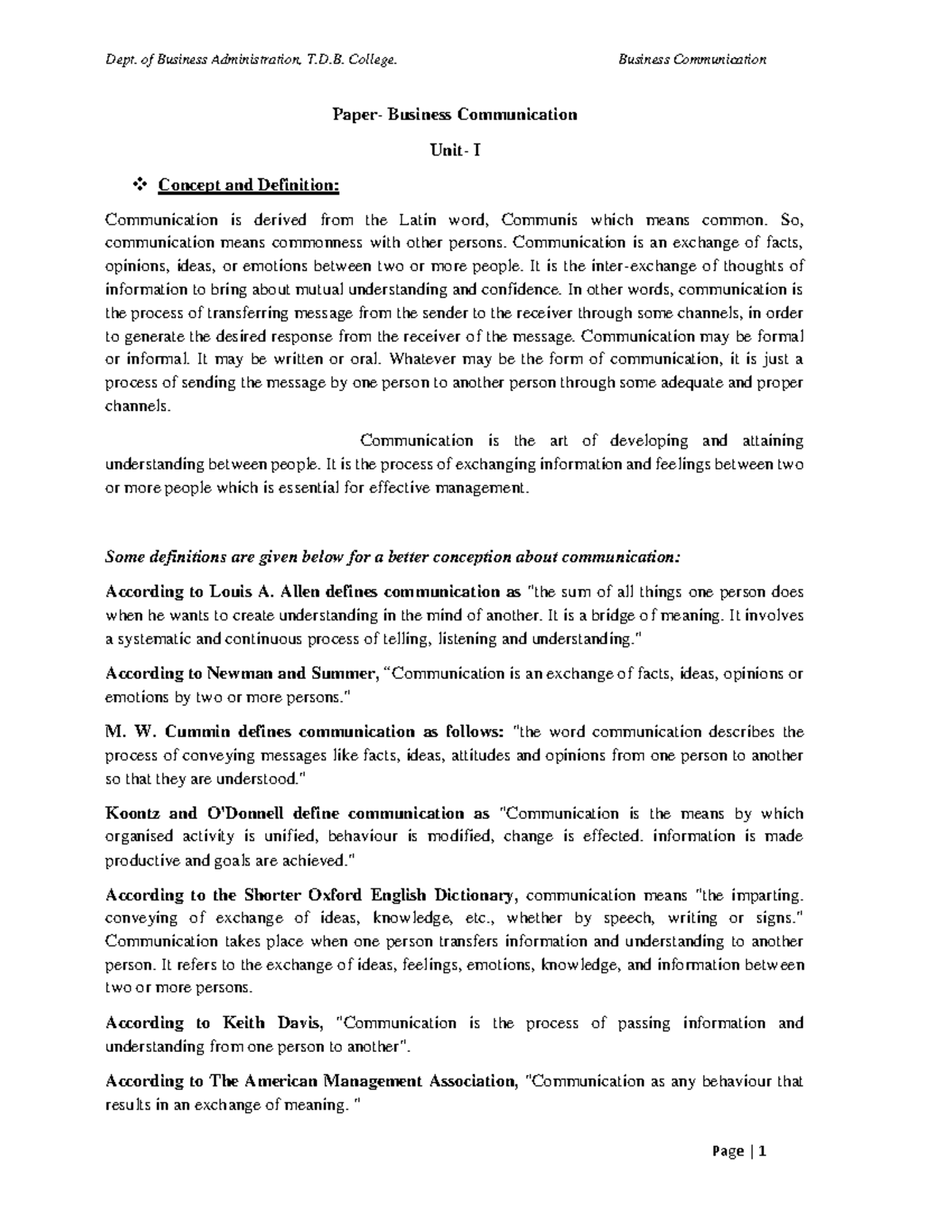 Business Communication Unit-I - Paper- Business Communication Unit- I ...