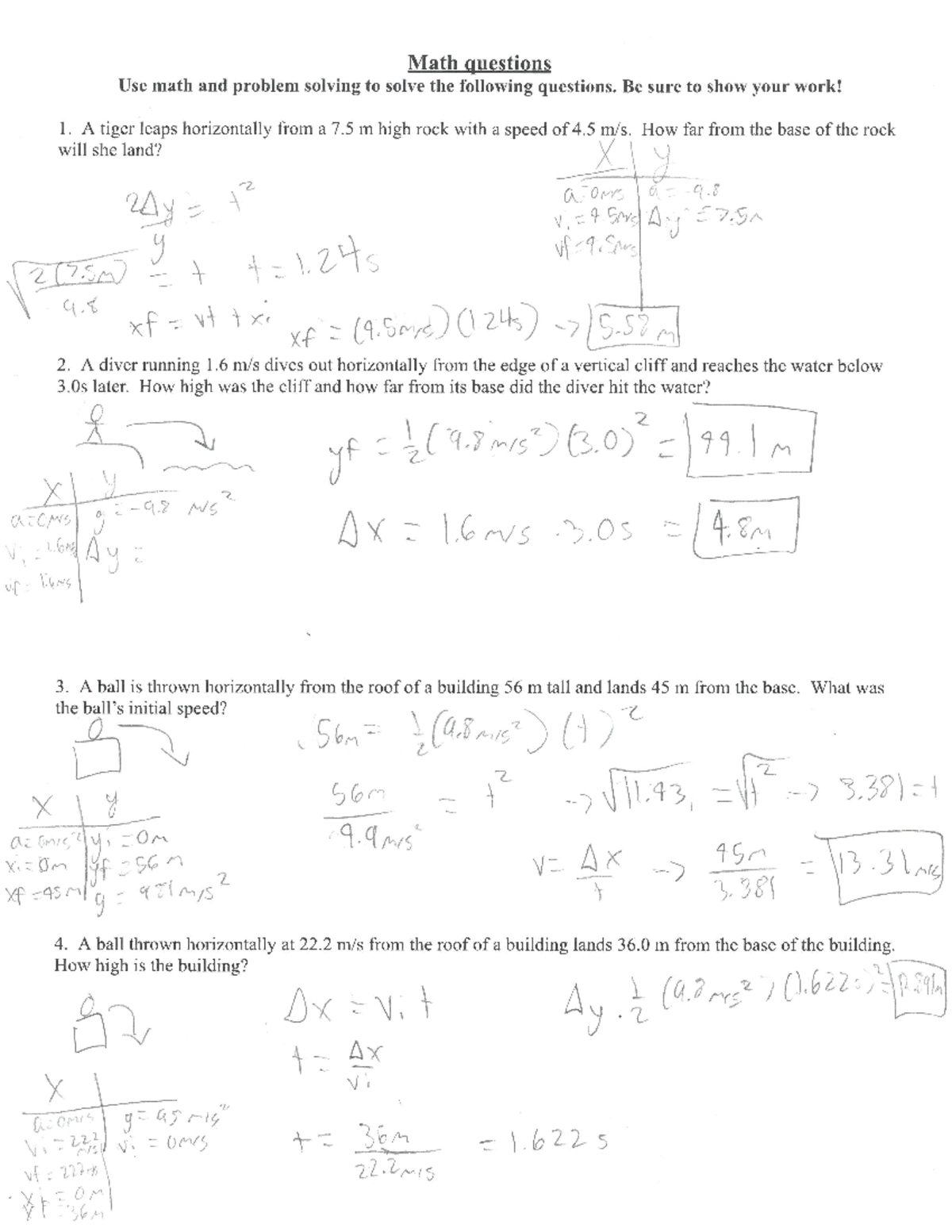 Projectile Motion - Math questions Use math and problem solving to ...