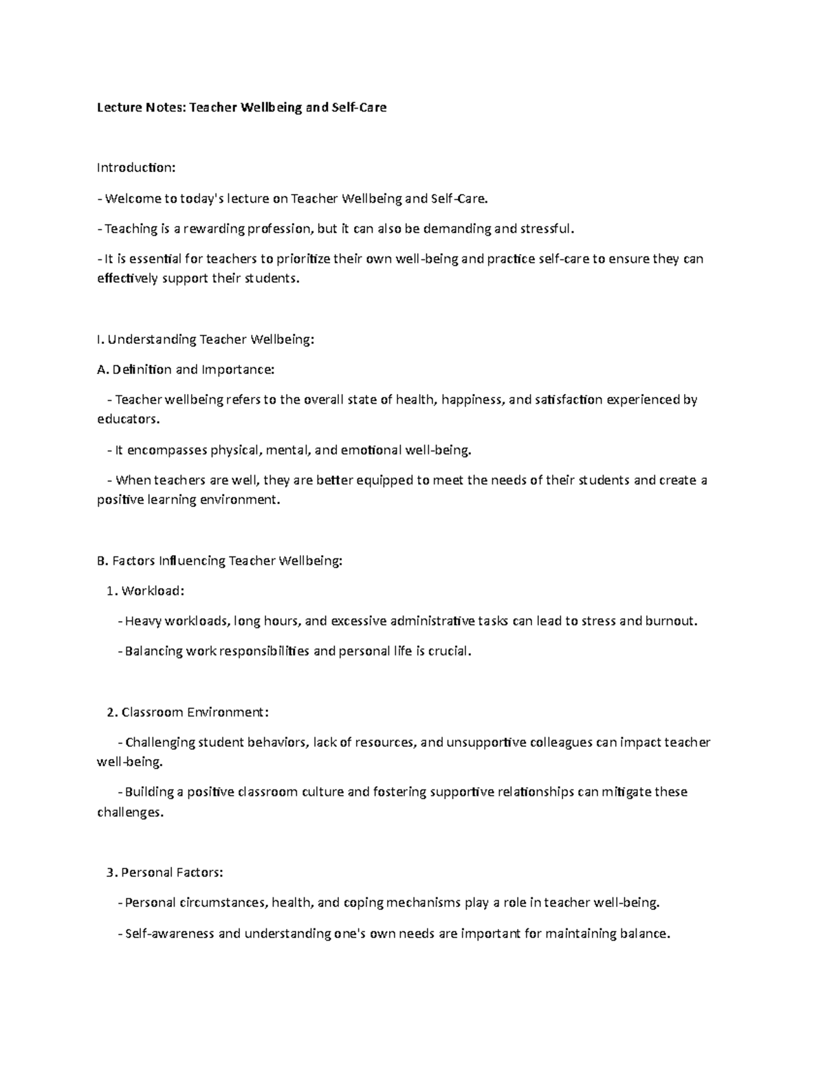 Lecture Notes: Teacher Wellbeing and Self-Care - Teaching is a ...