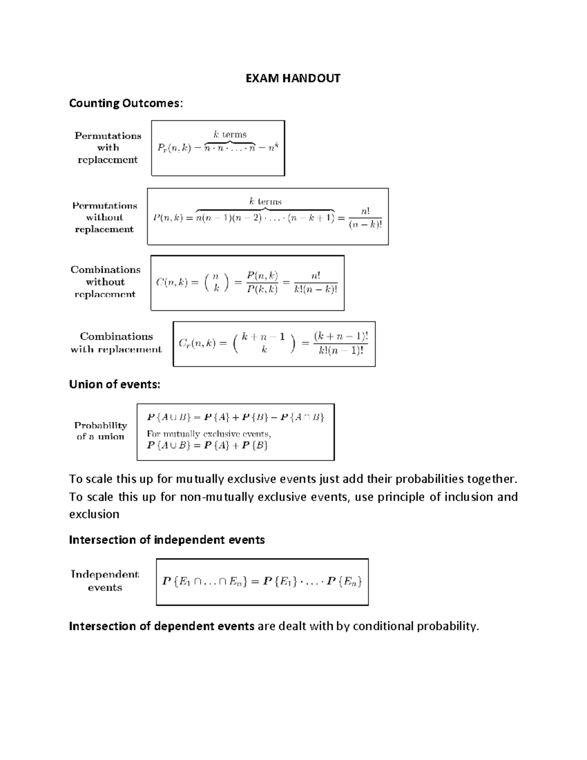 Handout 1 - course notes - EXAM HANDOUT Counting Outcomes: Union of ...