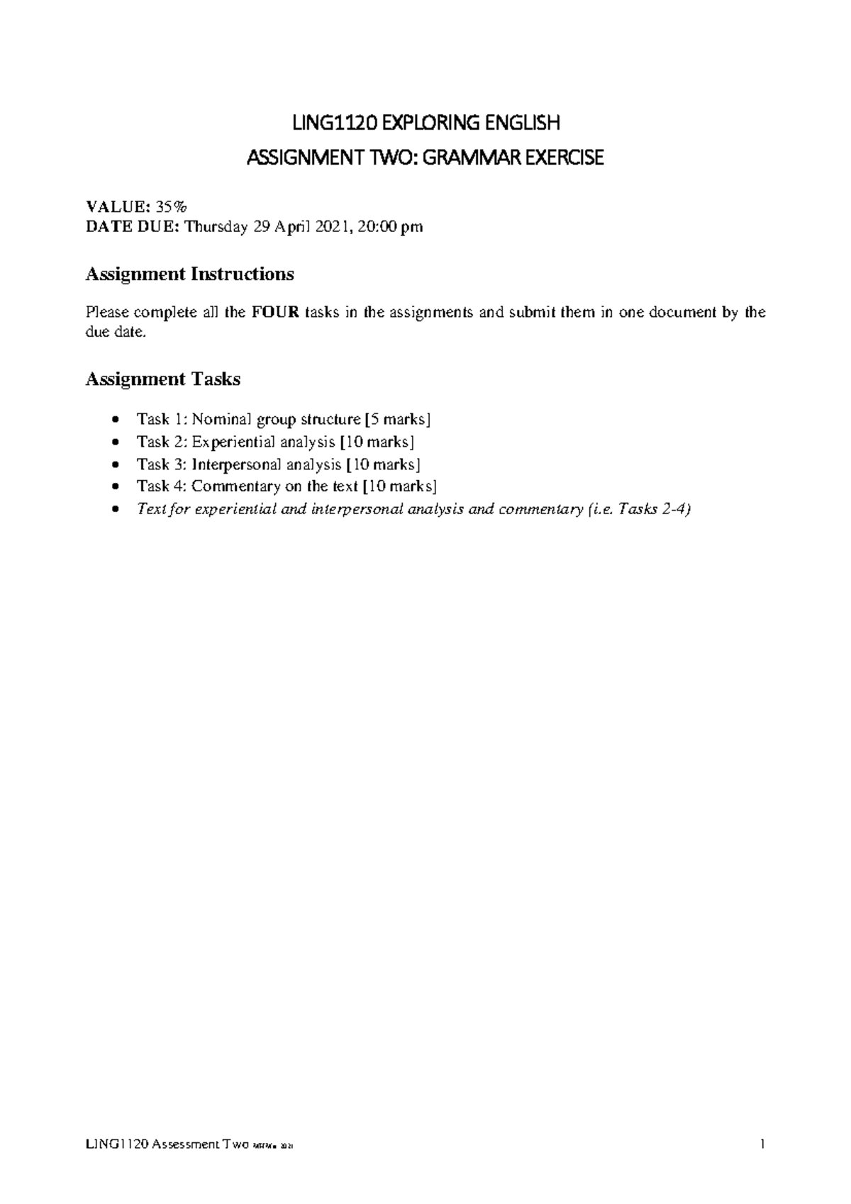 LING1120 Assignment - LING 1120 EXPLORING ENGLISH ASSIGNMENT TWO: GRAMMAR EXERCISE VALUE: 35% ...