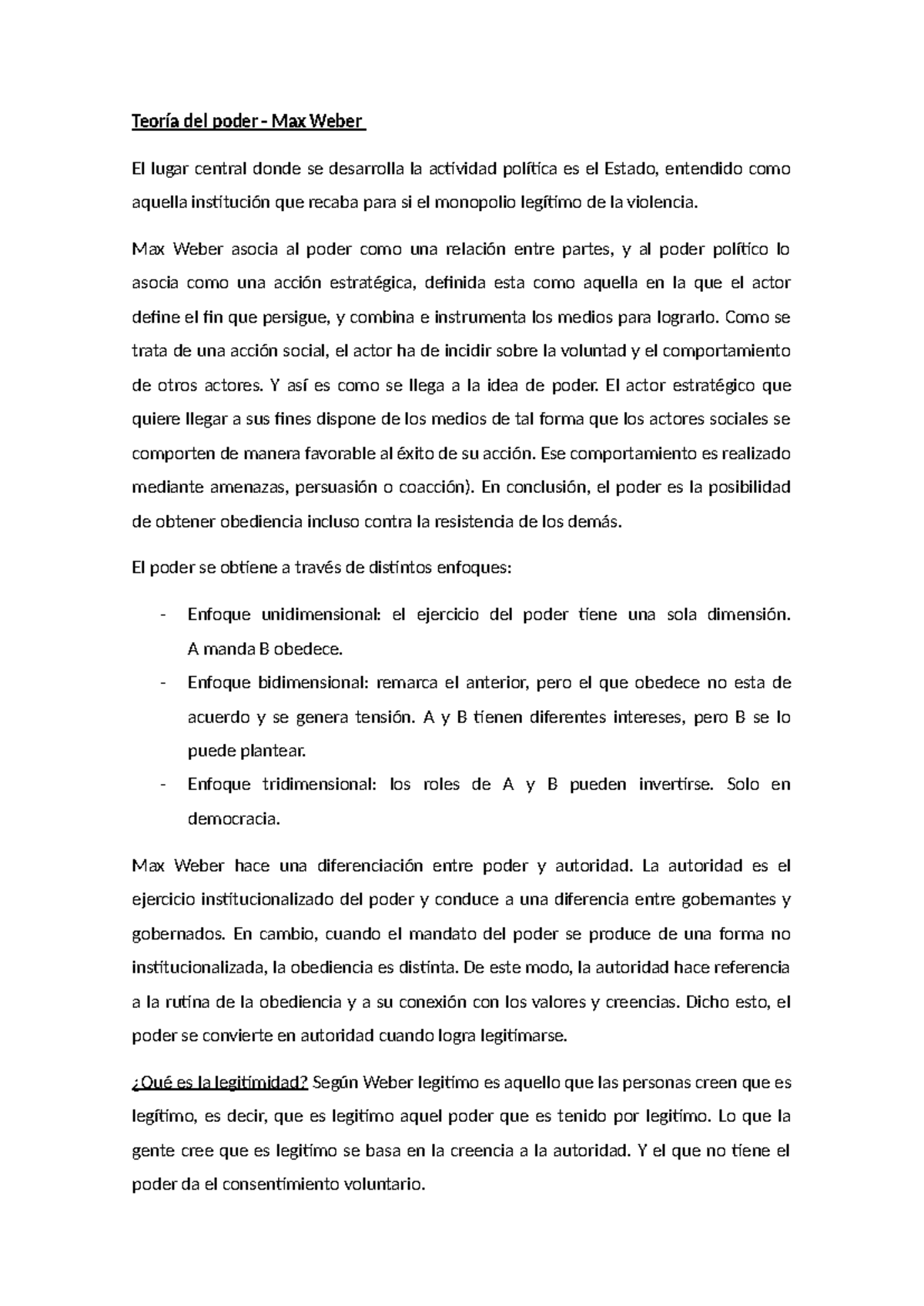 Teoría del poder - Weber y Hanna Arendt - Teoría del poder - Max Weber ...