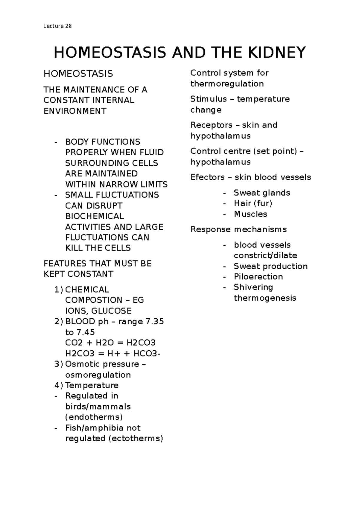 L28 - homeostasis and the kidney - HOMEOSTASIS AND THE KIDNEY ...