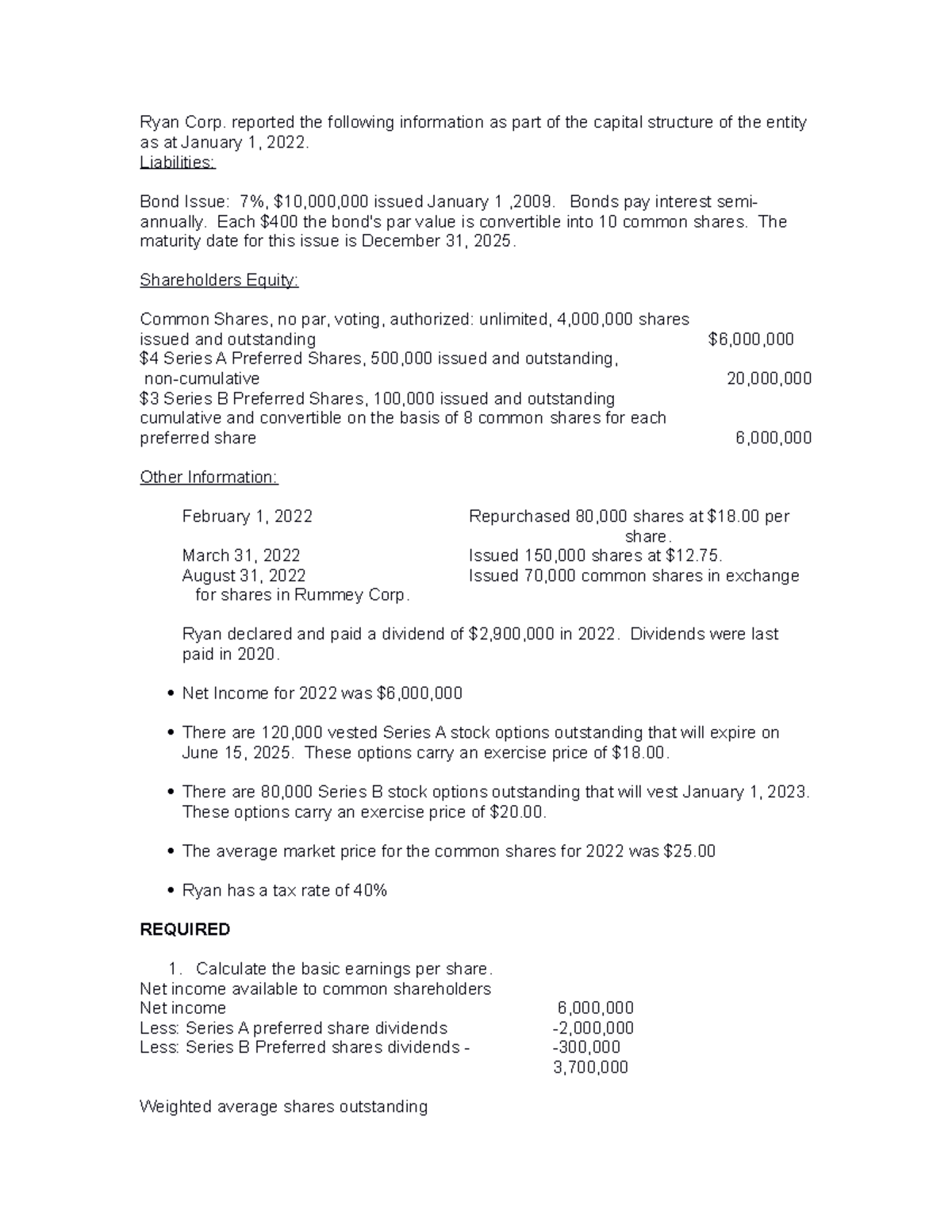 Ryan Corp 2023 - Accounting - Ryan Corp. reported the following ...
