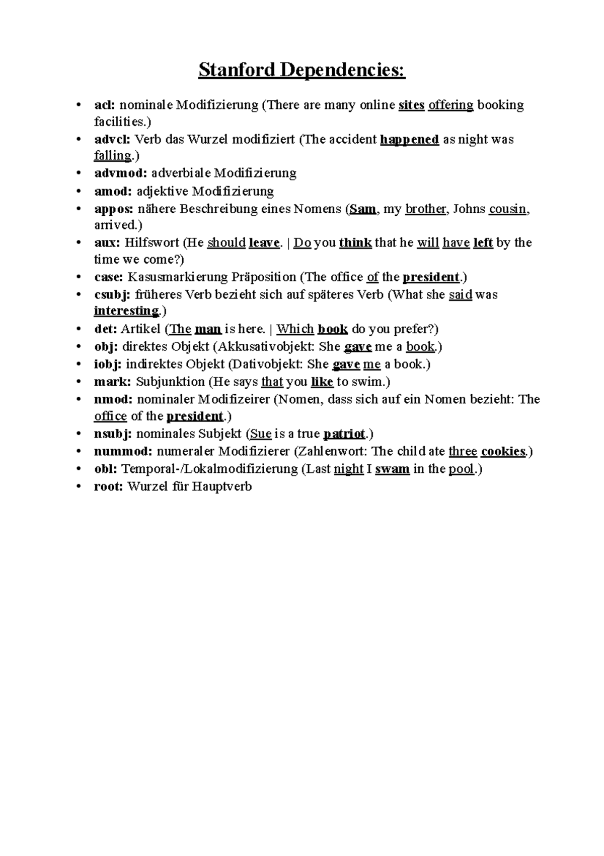 Zusammenfassung der wichtigsten Stanford Dependencies - Stanford ...