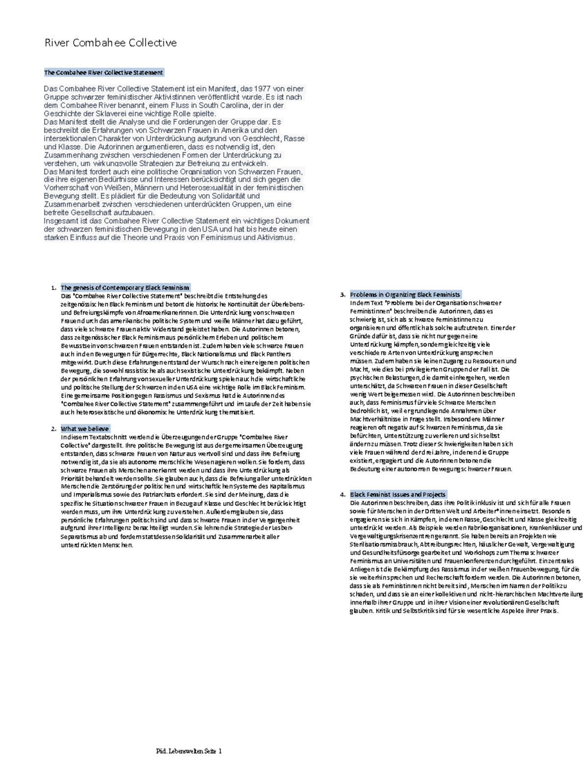 Text Zusammenfassung - The Combahee River Collective Statement Das ...