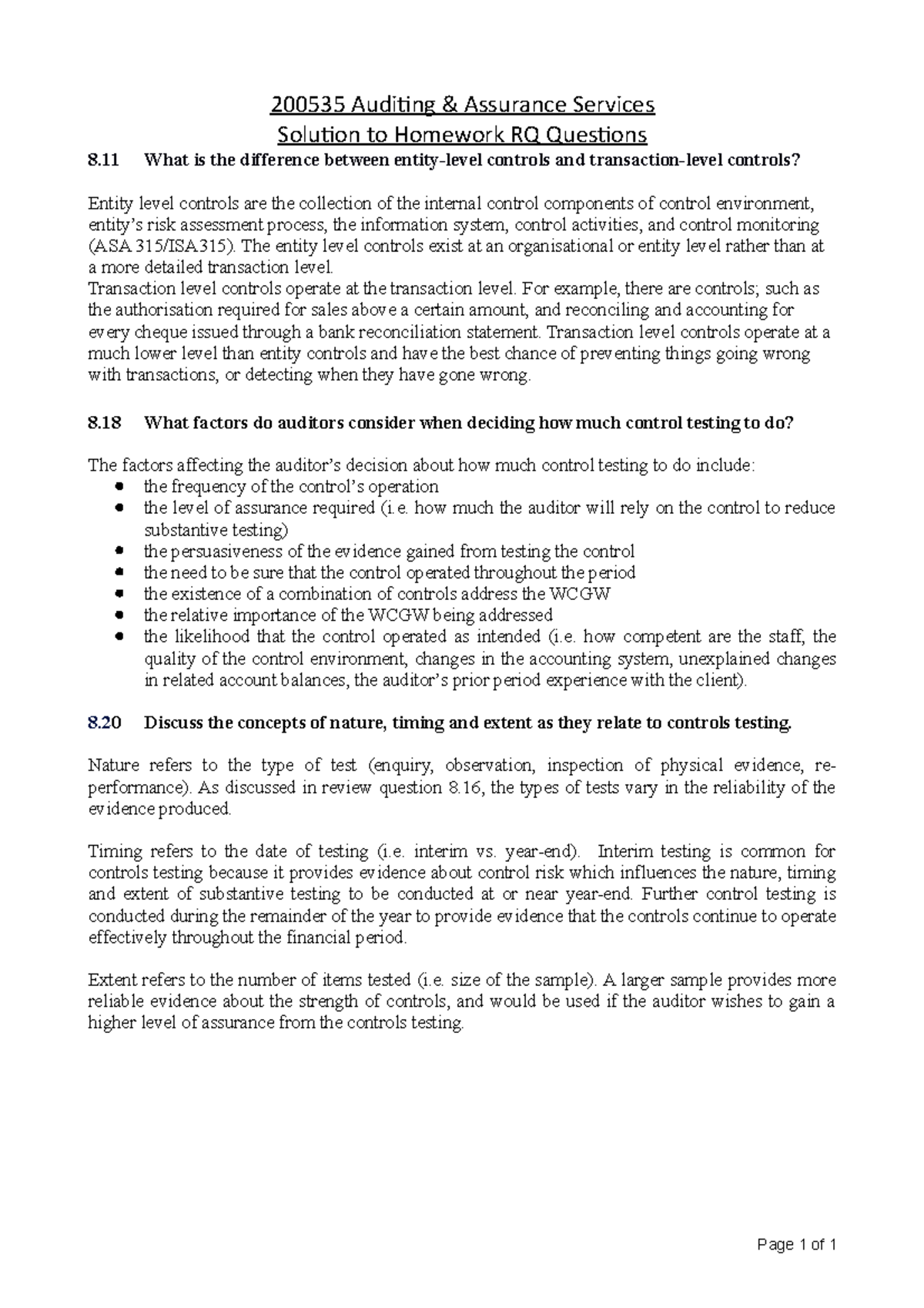 Solutions to RQ Questions ch 8 - 200535 Auditing Assurance Services Solution to Homework RQ ...