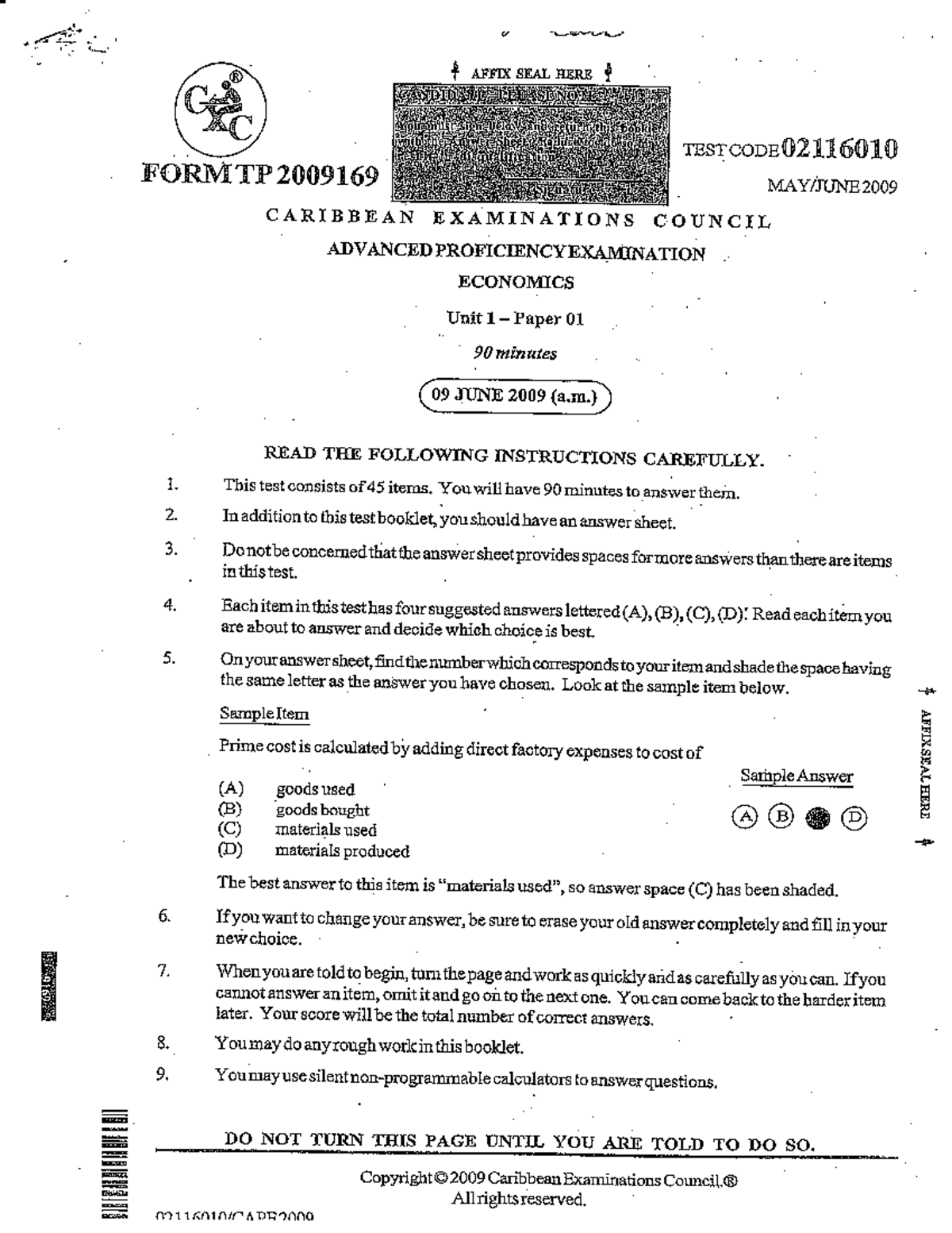 Economics 2009 U1 P1 Answers - • it AFFIXSEALHERE 11 FORM TP 2009169 1 ...