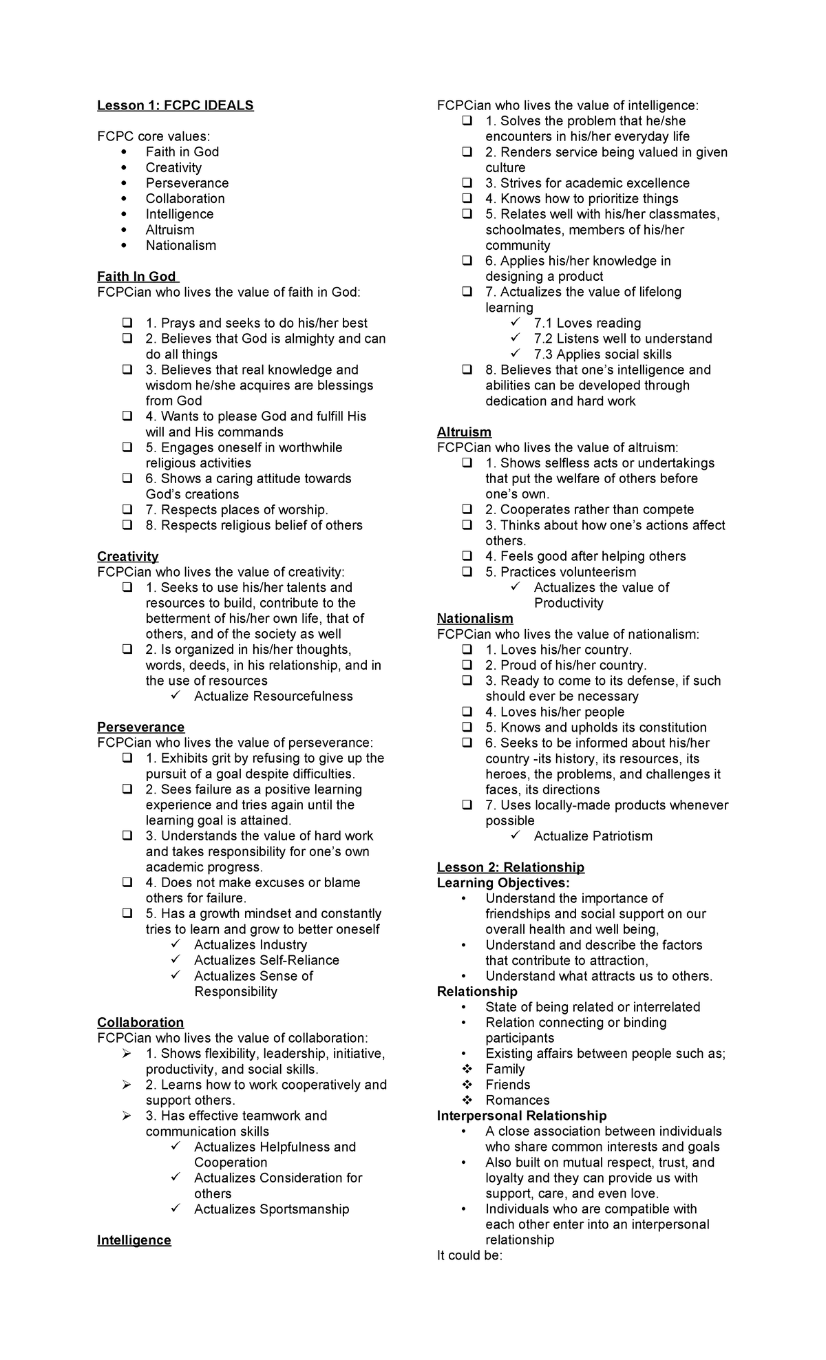 Valed- Prelim - Lesson 1: FCPC IDEALS FCPC core values: Faith in God ...