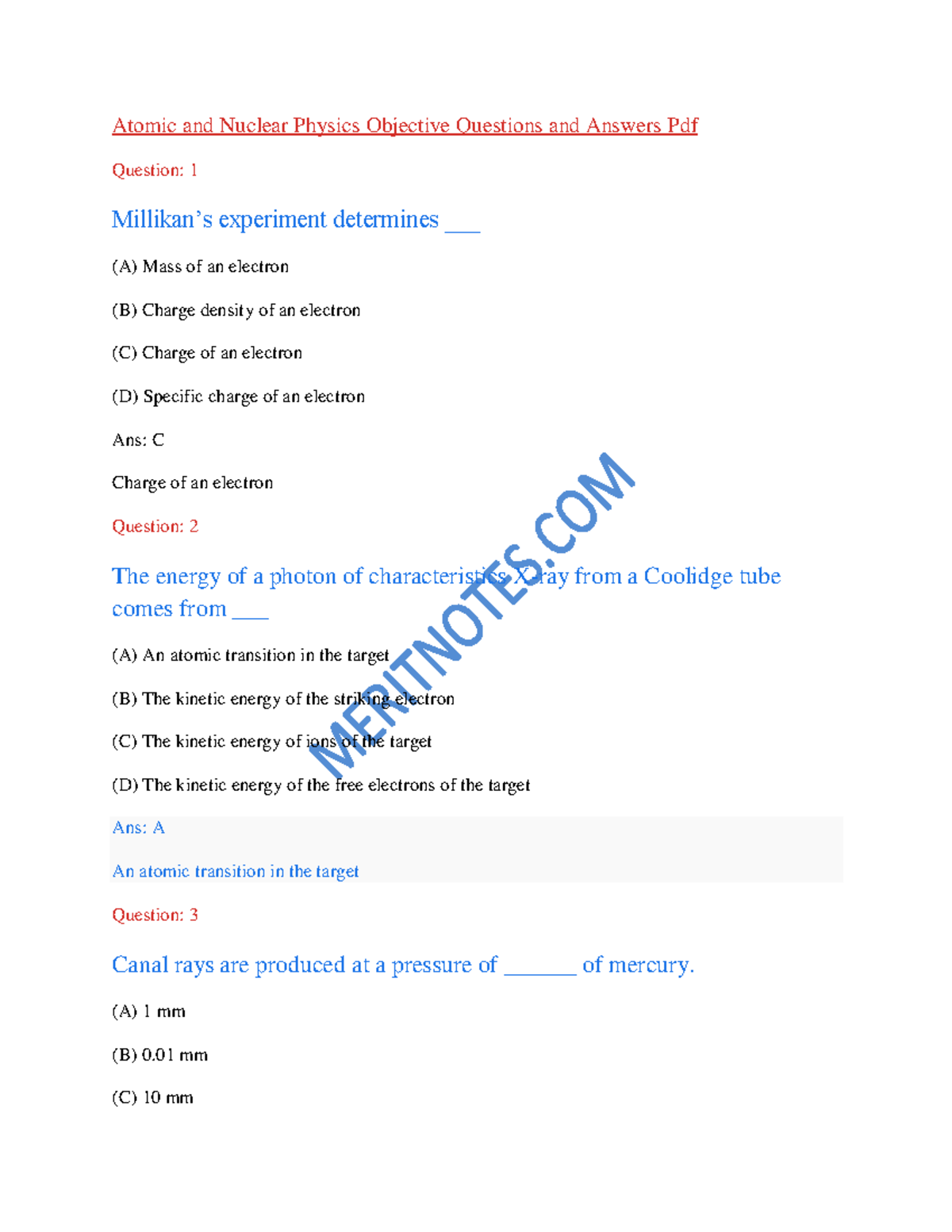 Atomic-nuclear-physics - Atomic and Nuclear Physics Objective Questions and Answers Pdf Question ...