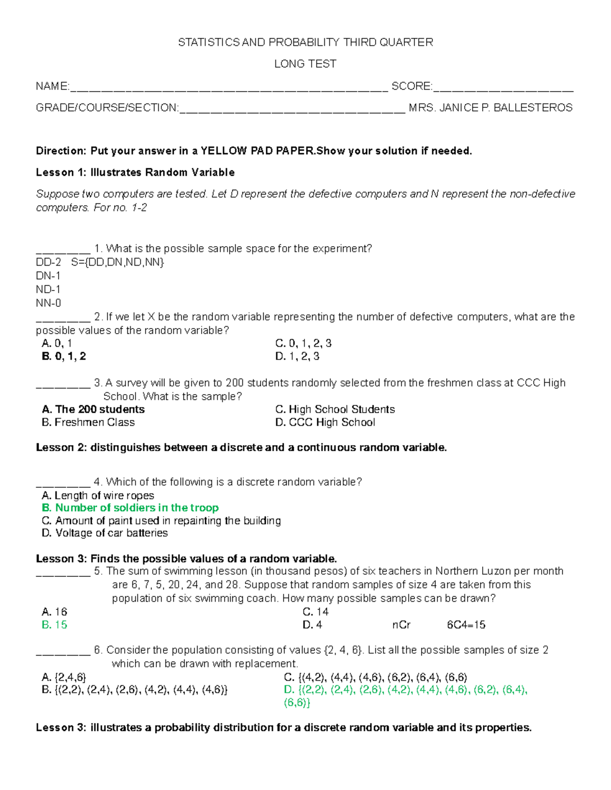 Statistics AND Probability Third Quarter reviewer - STATISTICS AND ...