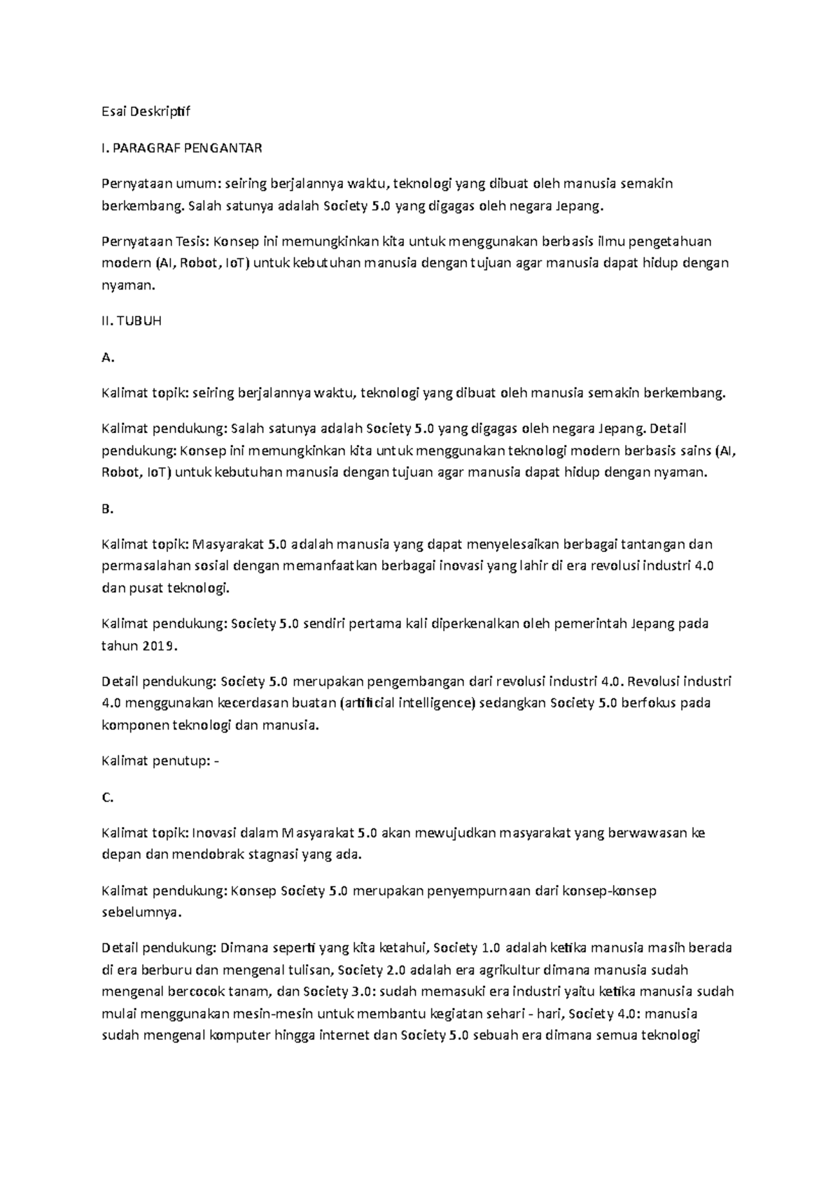 Teknologi - Esai Deskriptif I. PARAGRAF PENGANTAR Pernyataan umum ...
