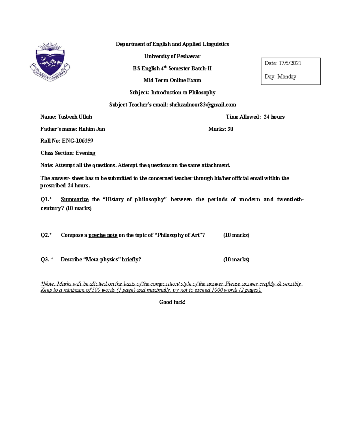 Philosophy Paper - University of the People, California assignment for ...