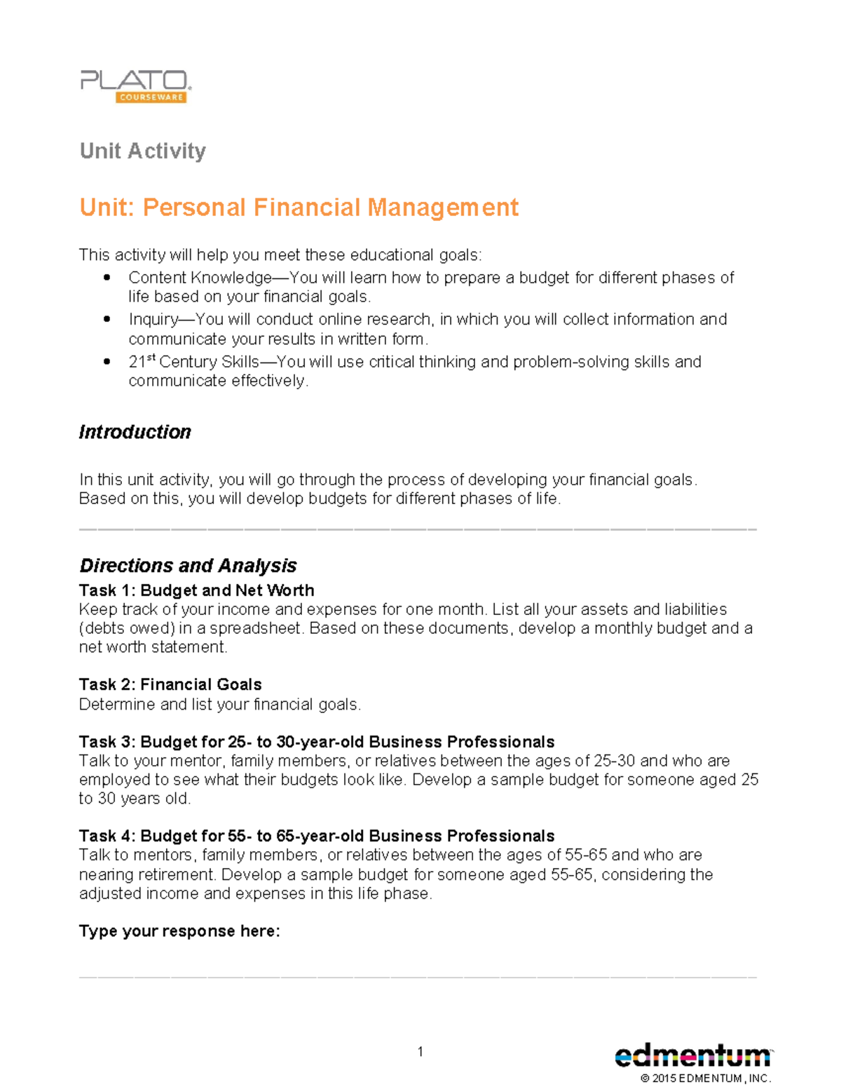Personal Financial Management UA - © 2015 EDMENTUM, INC. Unit Activity ...