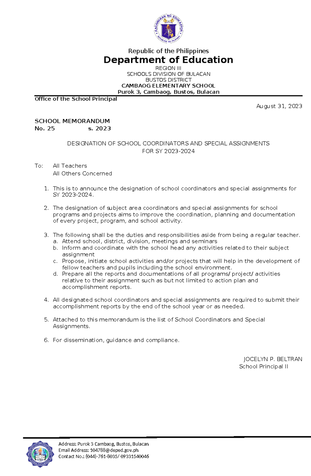 School Memo No. 25 Coordinators AND Special Assignments - Republic of ...
