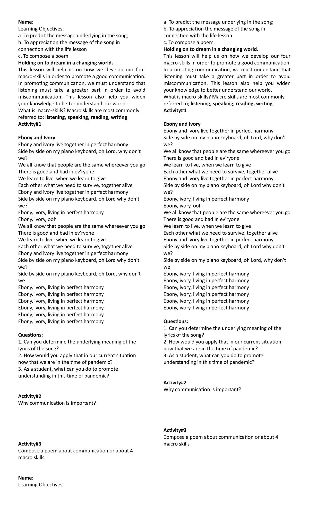 Handouts - Name: Learning Objectives; a. To predict the message ...