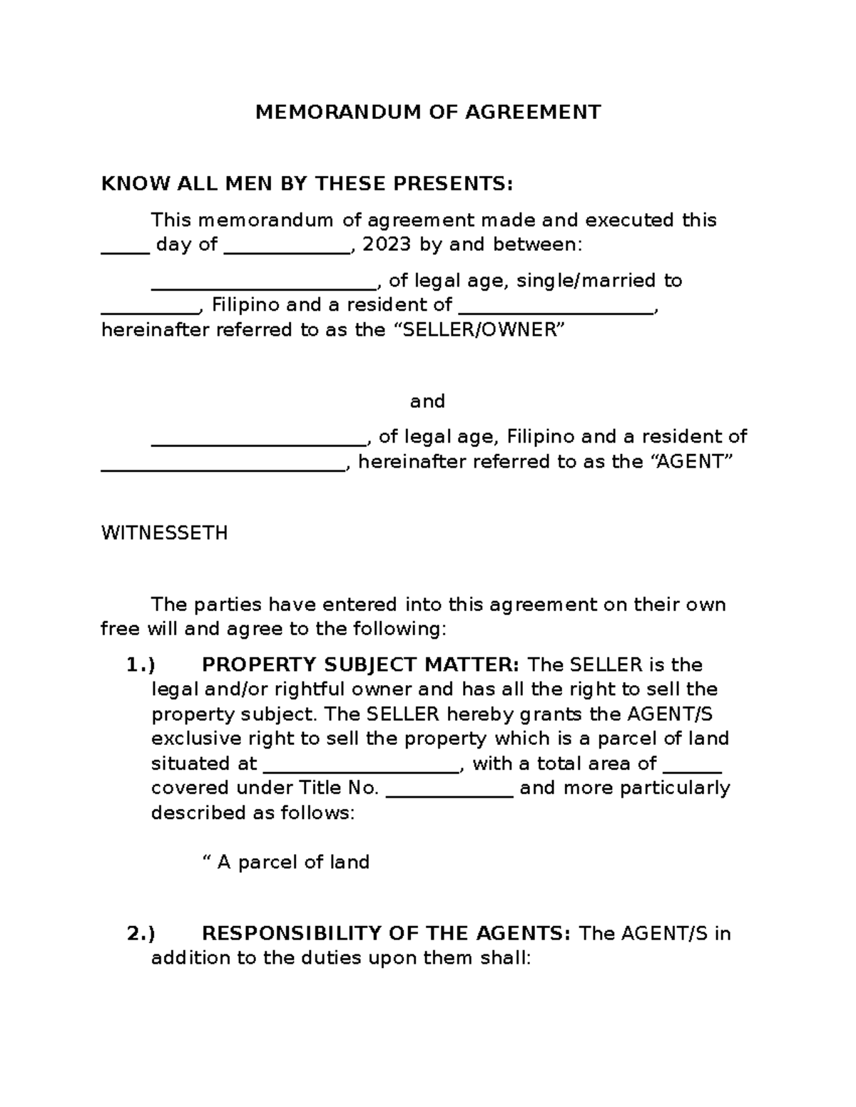 Memorandum OF Agreement - MEMORANDUM OF AGREEMENT KNOW ALL MEN BY THESE ...