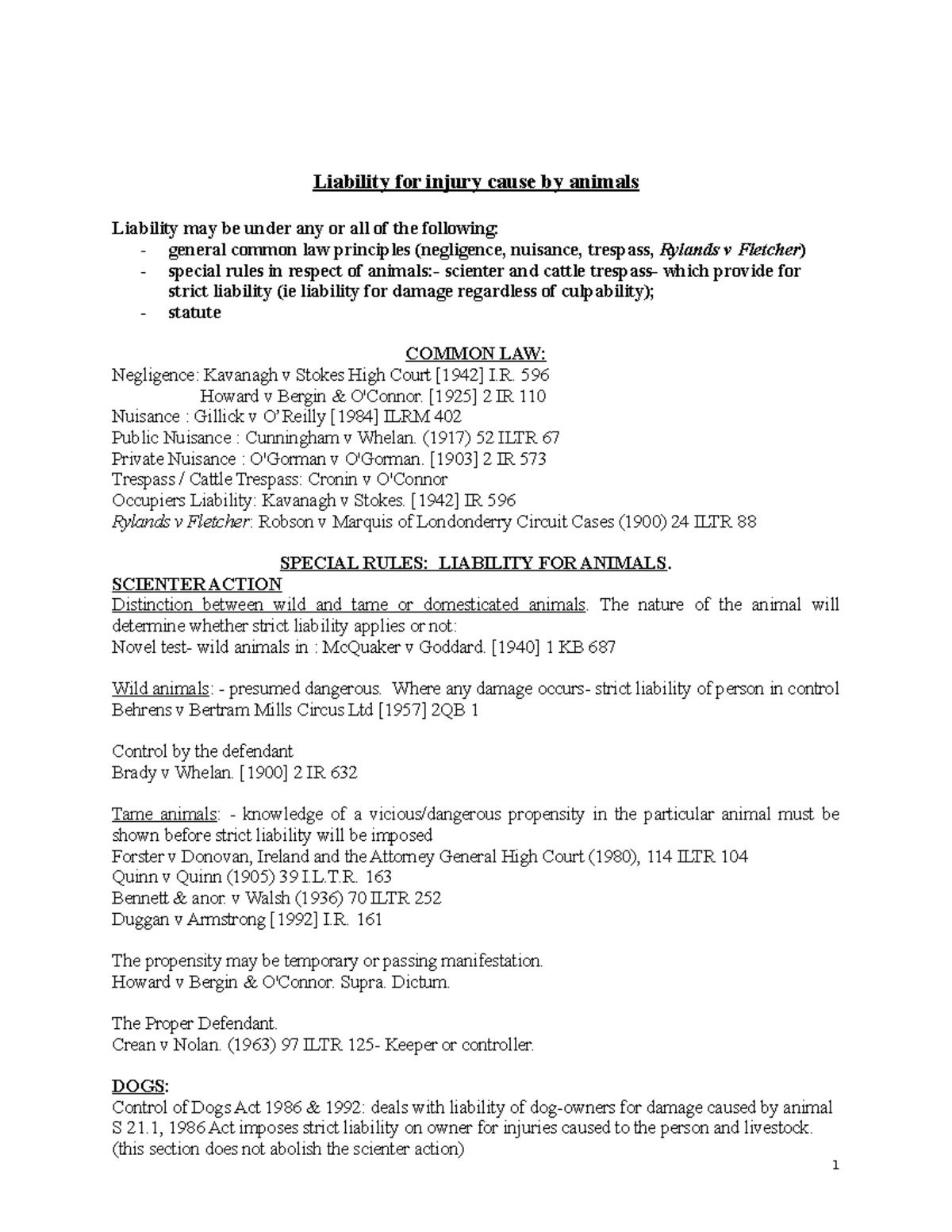 Handout- Liability for Animals - Liability for injury cause animals ...