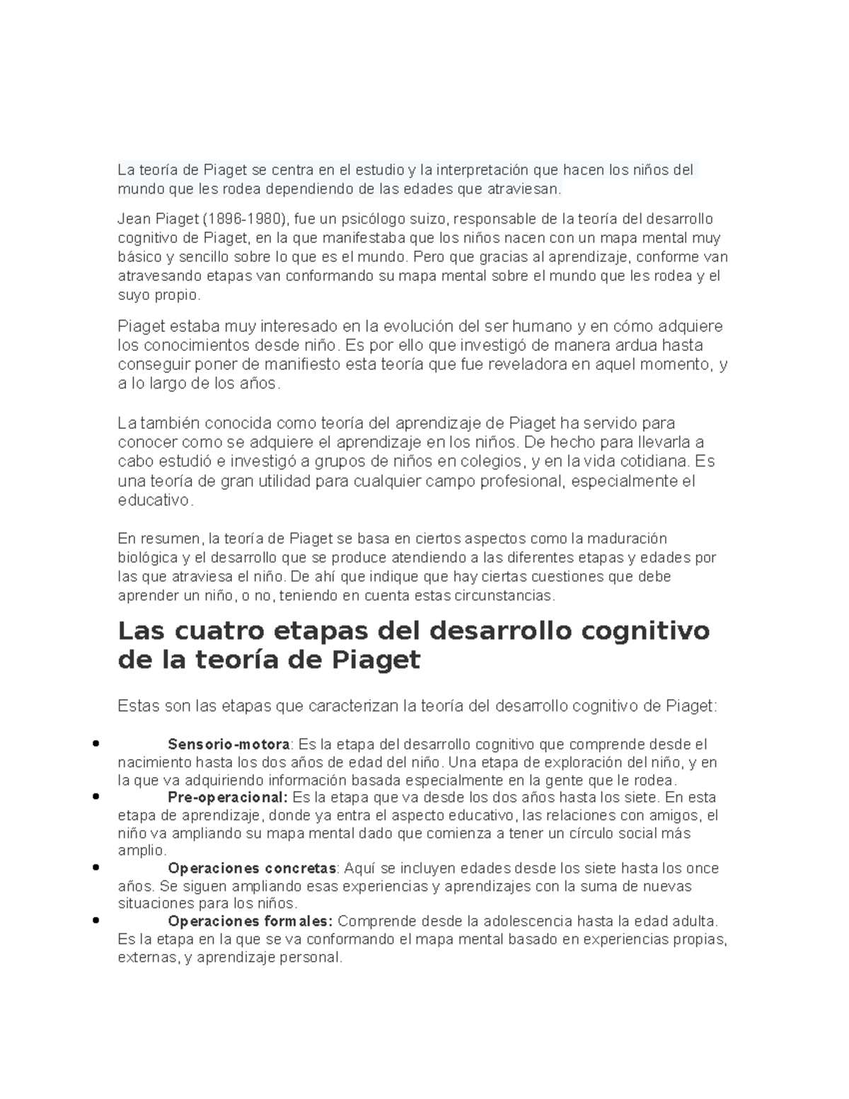 La teor Ã a de Piaget y Erik Erikson - ####### La teoría de Piaget se centra en el estudio y la ...