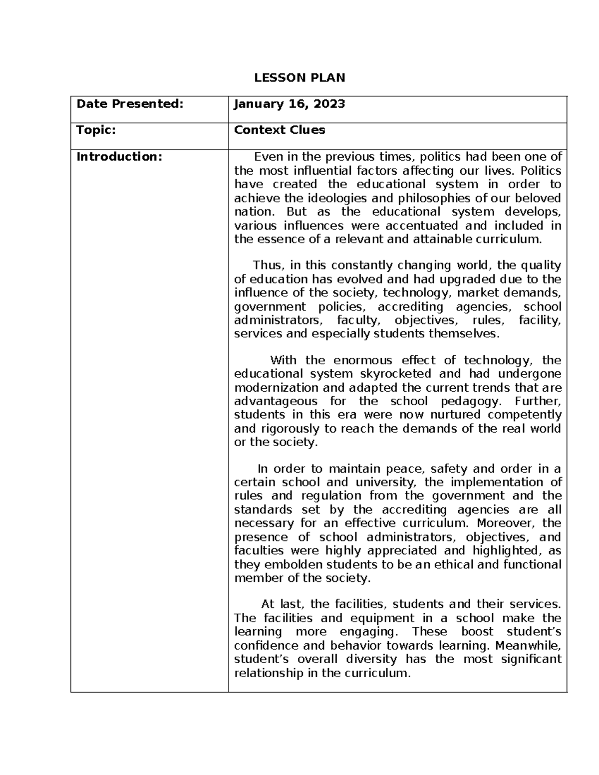 Context Clues Lesson PLan - LESSON PLAN Date Presented: January 16 ...