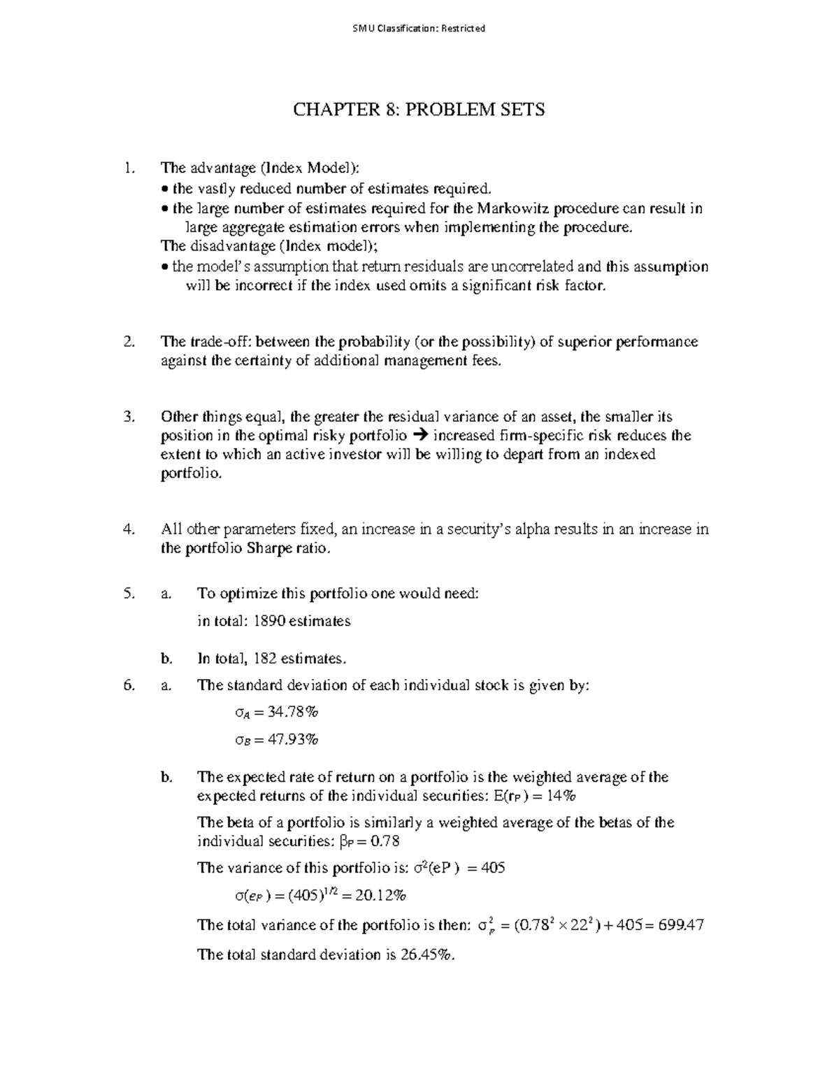Chapter 08 - Answers - CHAPTER 8: PROBLEM SETS The advantage (Index Model): the vastly reduced ...