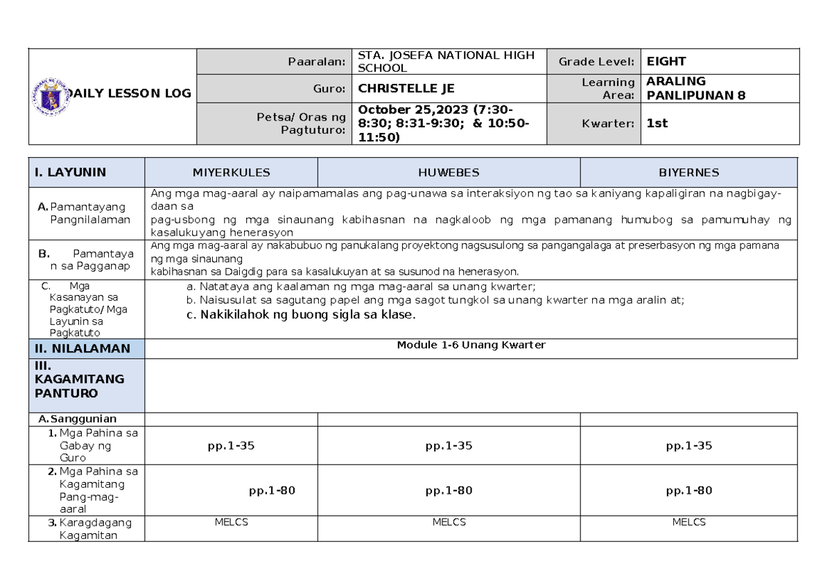 Ap oct 25-27 Daily- Lesson-LOG-WEEK-5 - DAILY LESSON LOG Paaralan: STA. JOSEFA NATIONAL HIGH ...