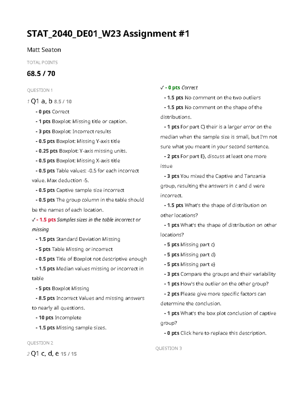Graded Data Analysis Assignment #1 - STAT_2040_DE01_W23 Assignment Matt Seaton TOTAL POINTS 68 / ...