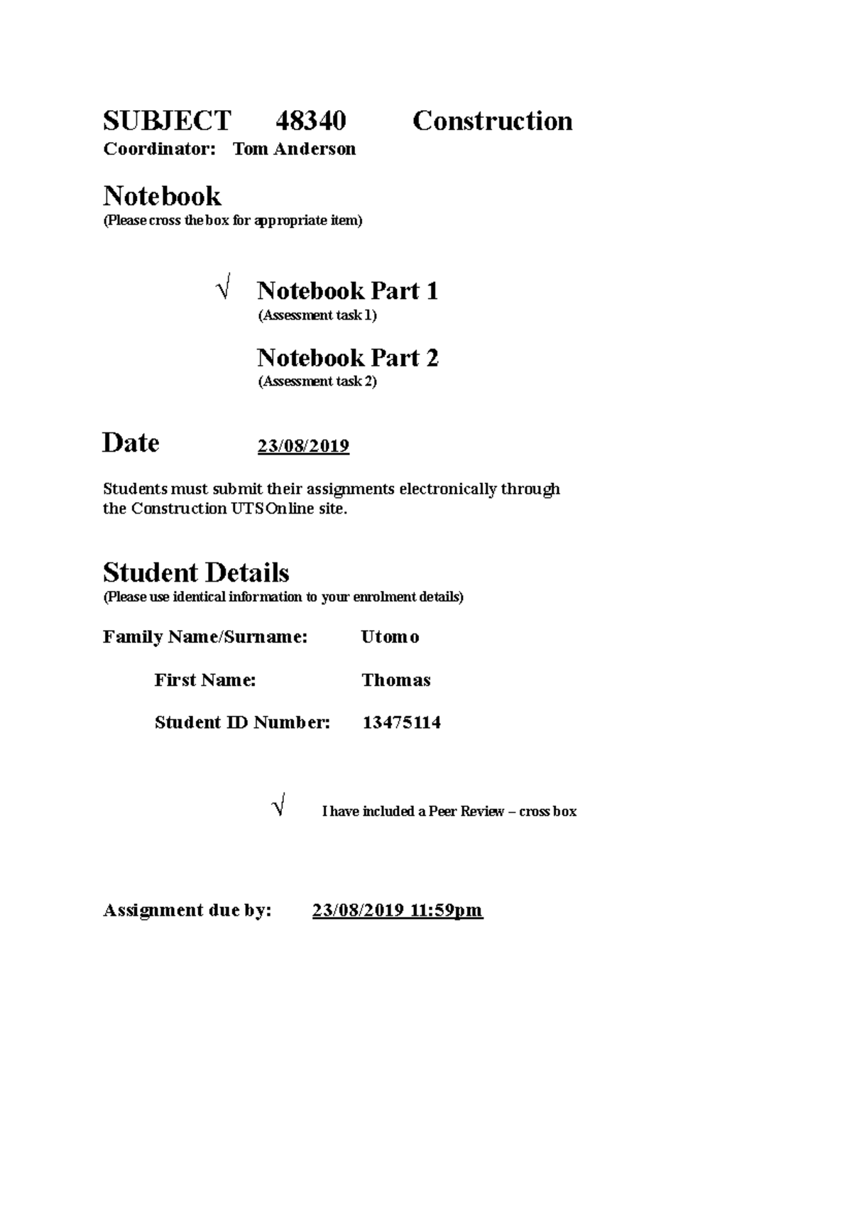 Construction Notebook 1 - SUBJECT 48340 Construction Coordinator: Tom ...