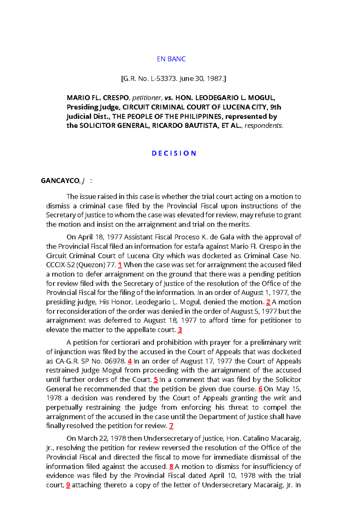 Crespo v. Mogul - EN BANC [G. No. L-53373. June 30, 1987.] MARIO FL. CRESPO, petitioner, vs. HON ...