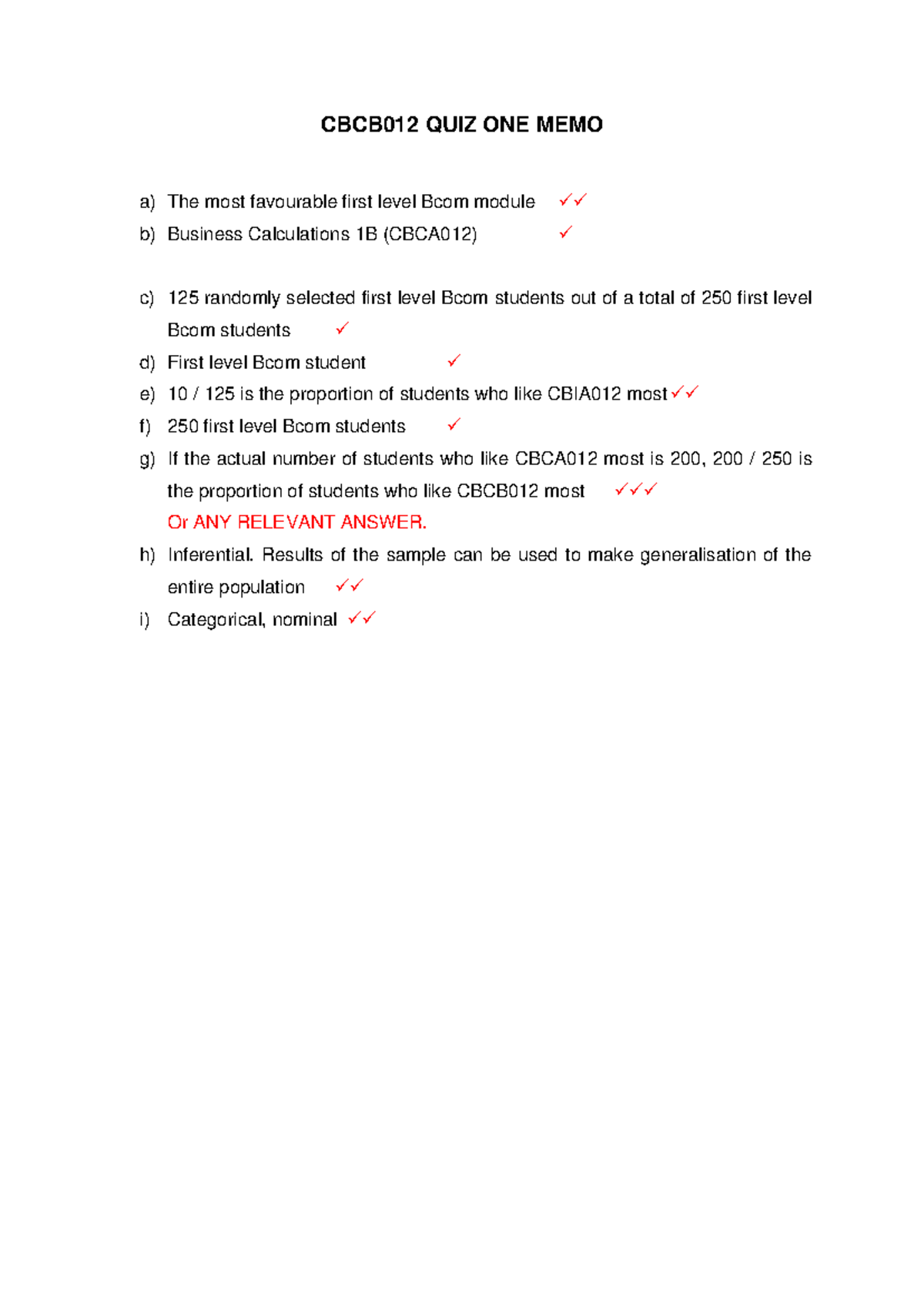 CBCB012 QUIZ ONE MEMO - Cbcb tutorial for quiz one - CBCB012 QUIZ ONE ...