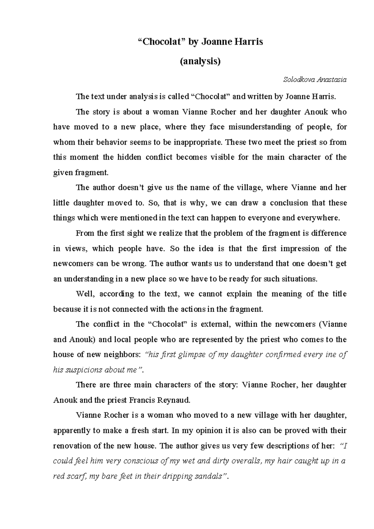 Chocolat by Joanne Harris Analysis - “Chocolat” by Joanne Harris ...