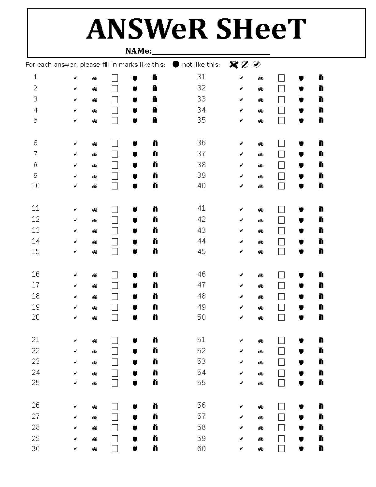 Sample Answer Sheet Template - ANSWeR SHeeT NAMe: For each answer ...