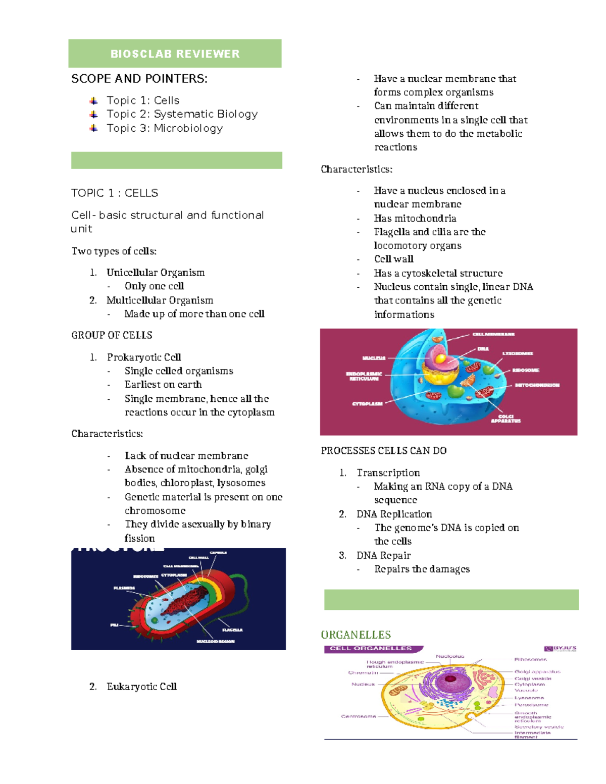 Bio Reviewer - SCOPE AND POINTERS: Topic 1: Cells Topic 2: Systematic Biology Topic 3 ...