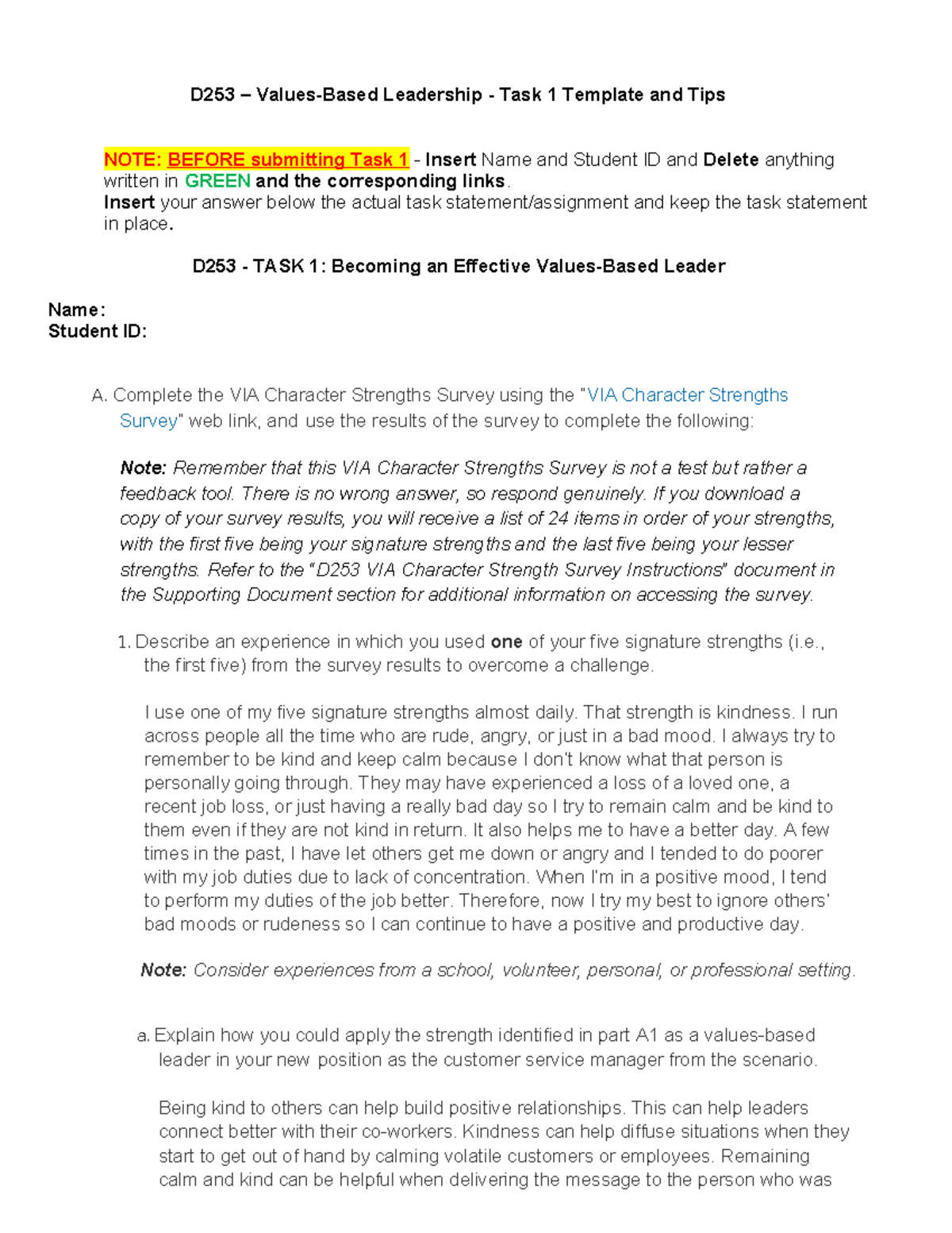 D253 Task 1 Asssignment - D253 – Values-Based Leadership - Task 1 ...