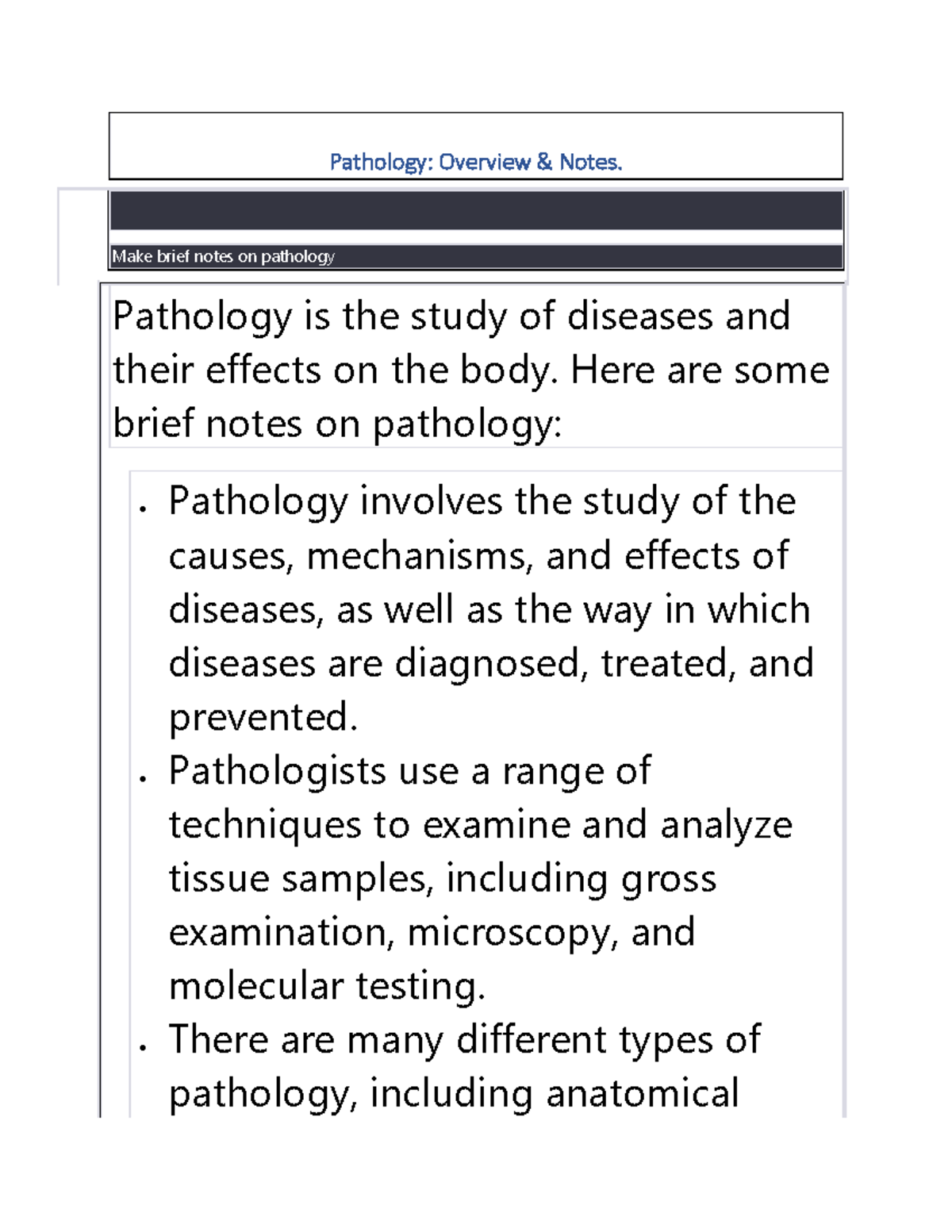 Pathology 1-4 - Pathology: Overview & Notes. Make brief notes on ...