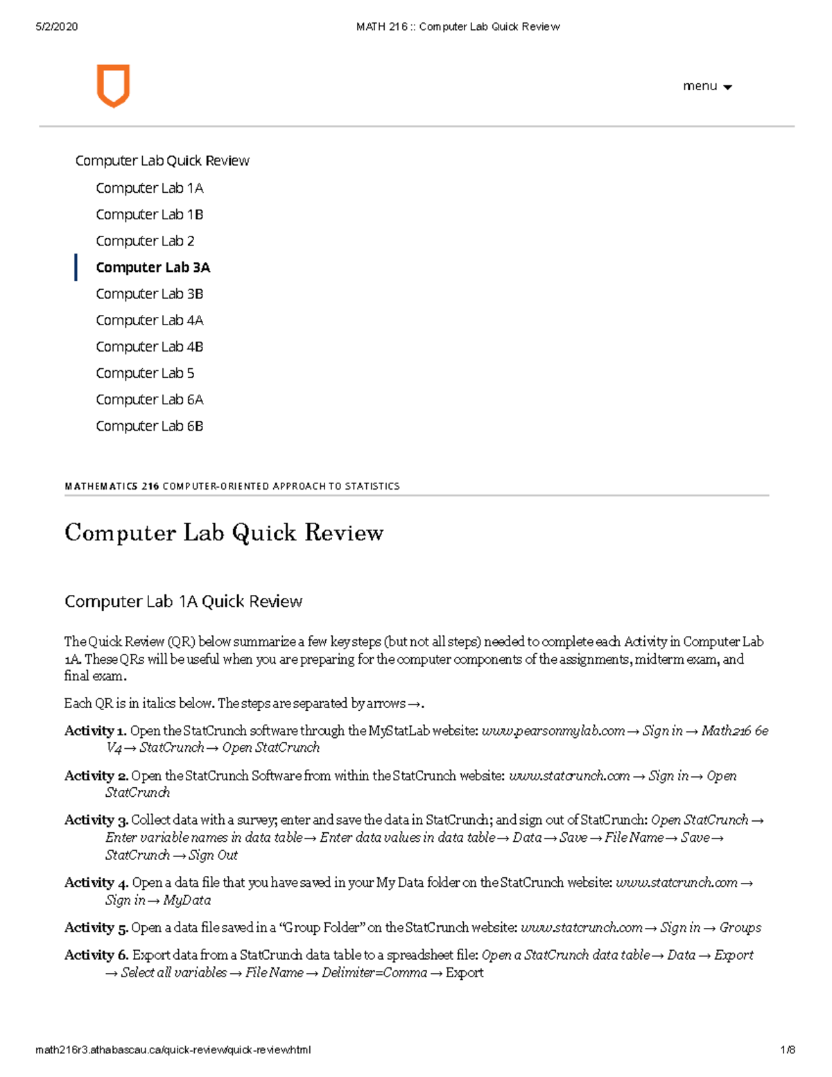 MATH 216 Computer Lab Quick Review - menu Computer Lab Quick Review Computer Lab 1A Computer Lab ...