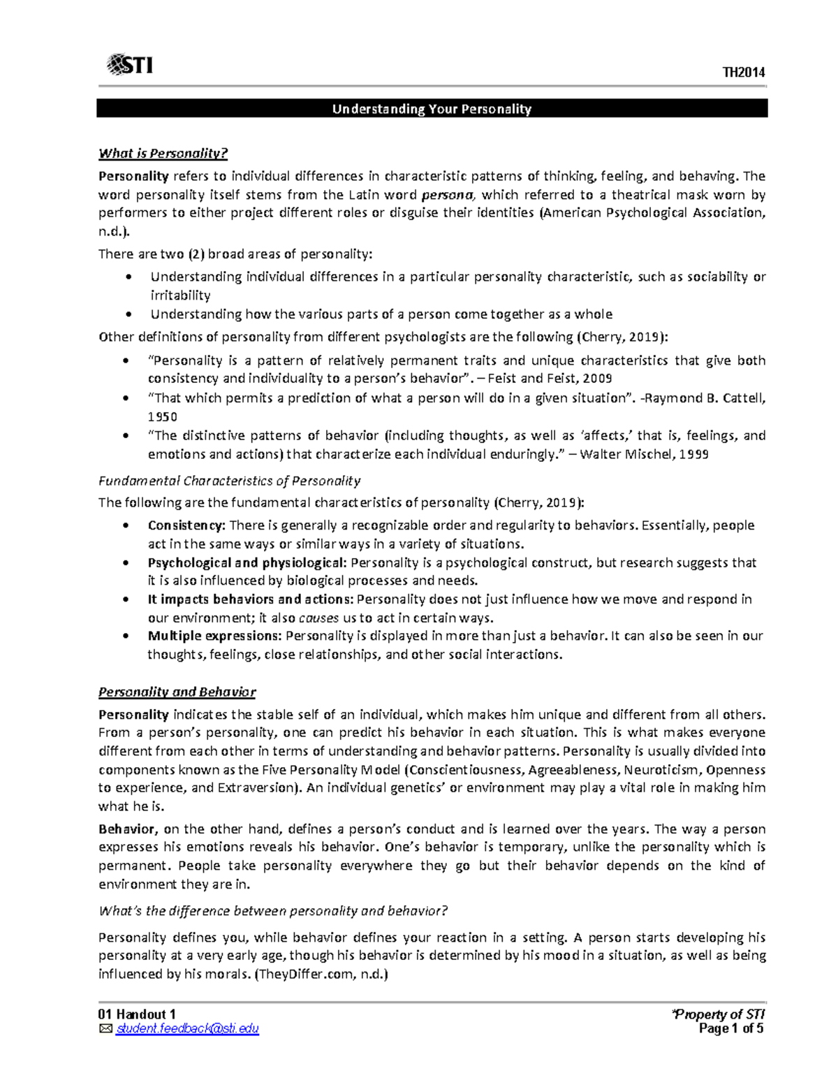 01 Handout 1 - MS. JANE SANCHEZ - 01 Handout 1 *Property of STI Understanding Your Personality ...