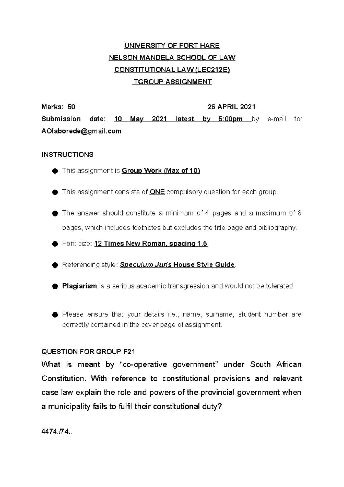 CONS LAW Group Assig - UNIVERSITY OF FORT HARE NELSON MANDELA SCHOOL OF ...