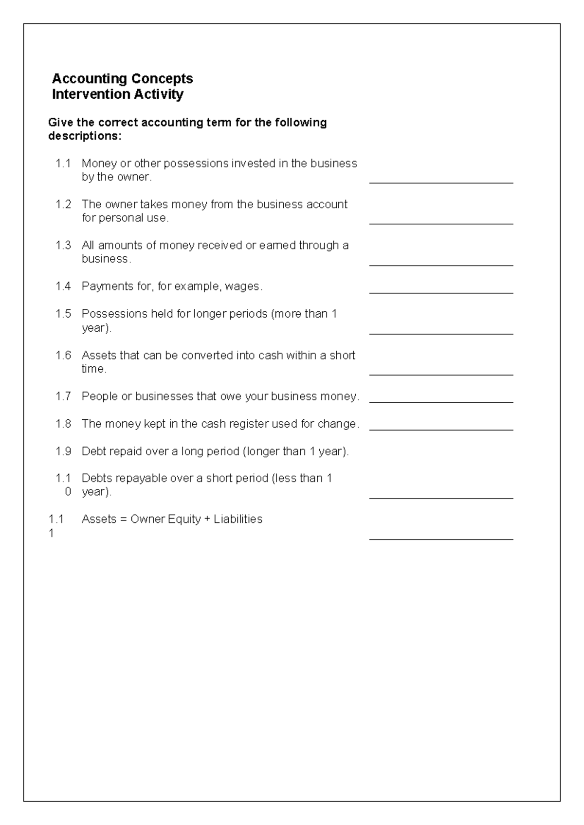 Gr 8 - Accounting Concepts - Accounting Concepts Intervention Activity ...