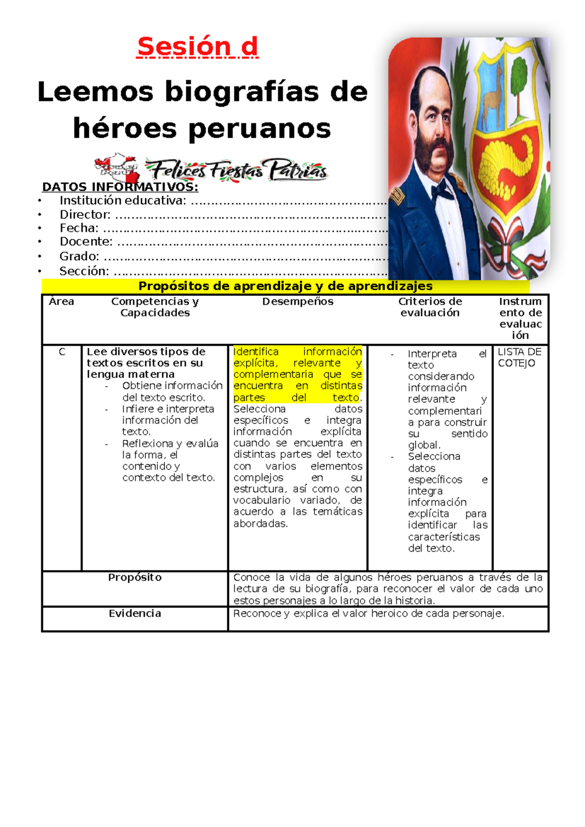 5º Grado DIA 3 COM. Leemos Biografías DE Héroes Peruanos - DATOS ...