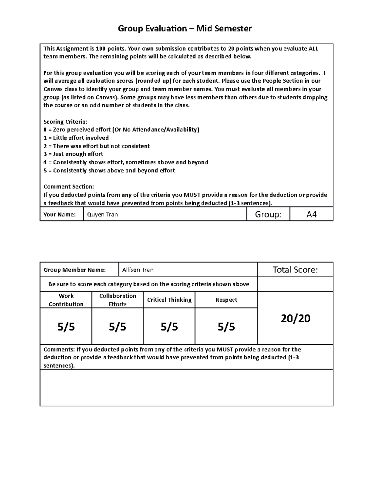 Group Evaluation - Mid Semester - This Assignment is 100 points. Your ...