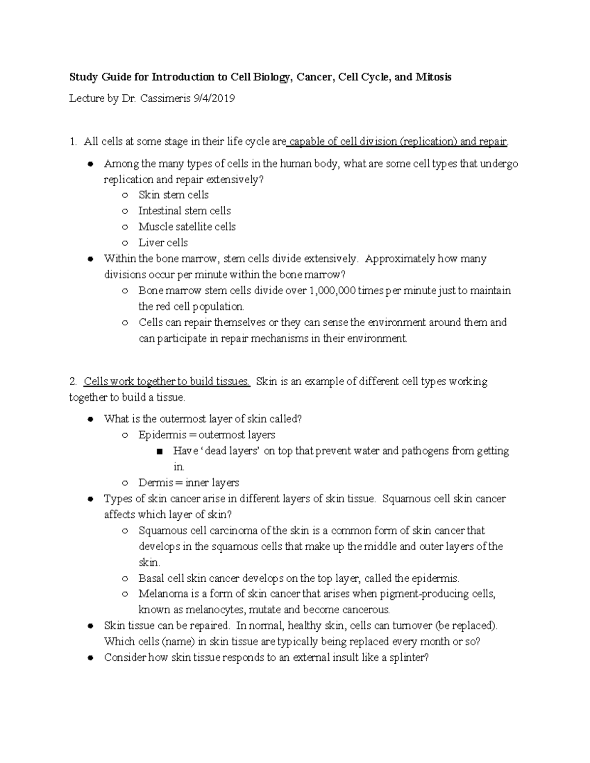 Intro to Cell Biology, Cancer, Cell Cycle, and Mitosis - Study Guide ...