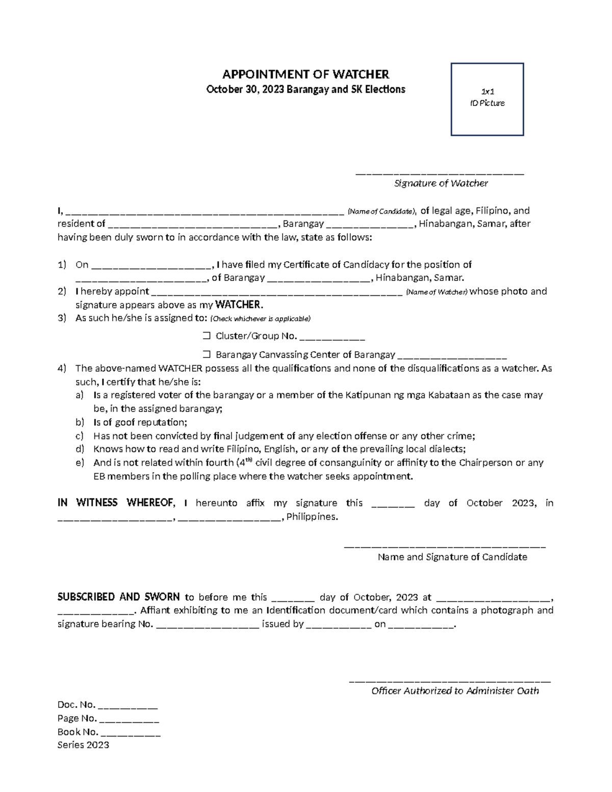 Appointment OF Watcher - APPOINTMENT OF WATCHER October 30, 2023 ...