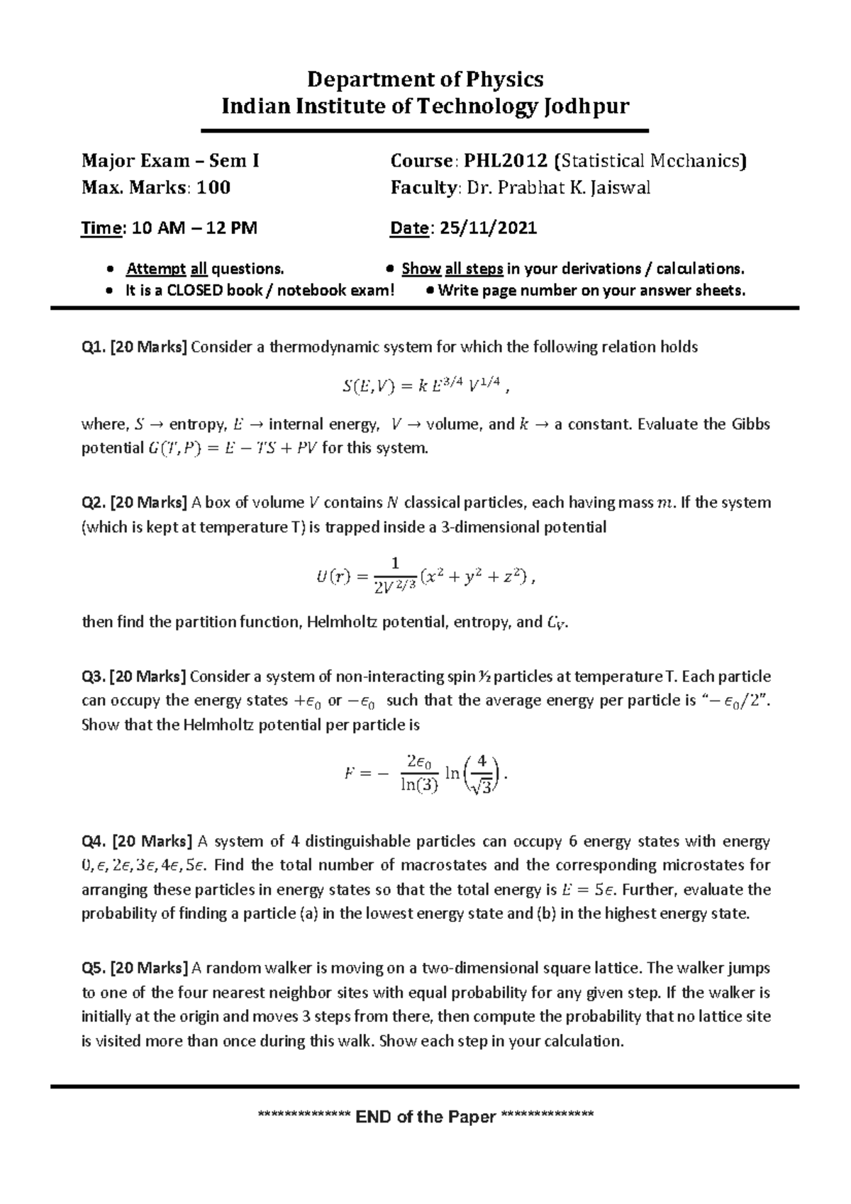 Statistical major - Note - Department of Physics Indian Institute of ...