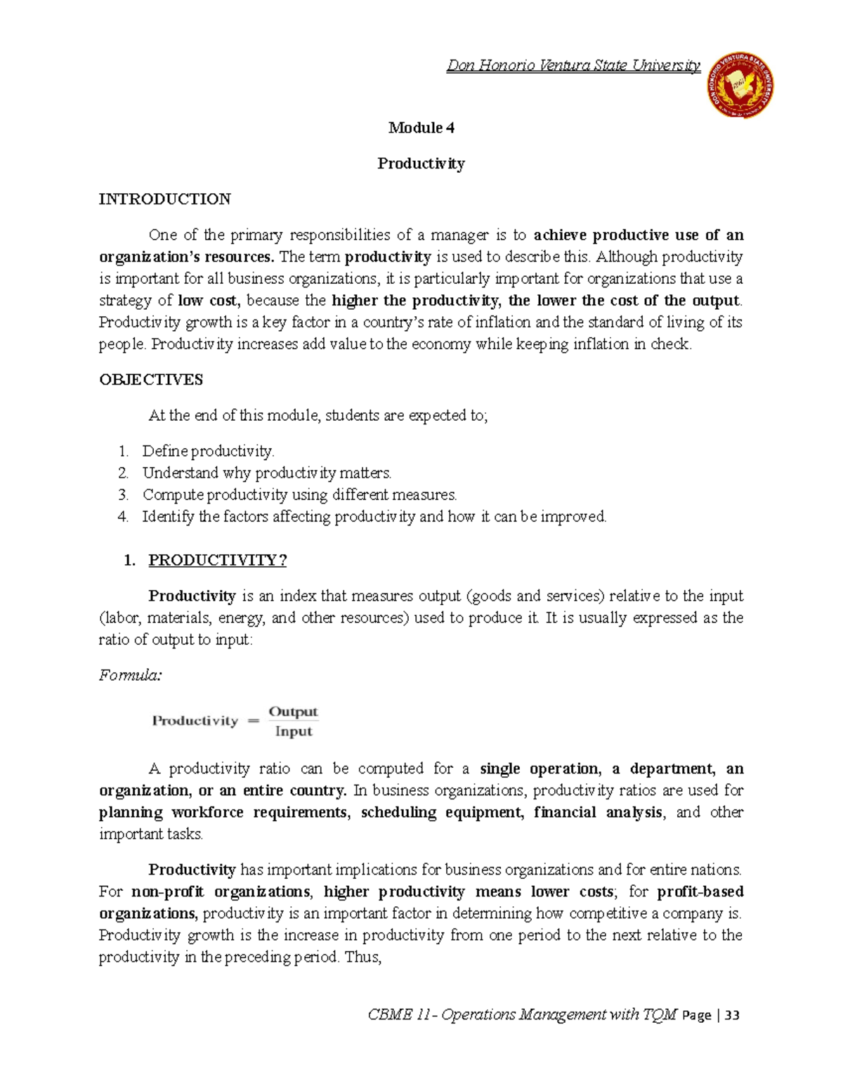 4 Productivity - Lecture notes 2 - Module 4 Productivity INTRODUCTION ...