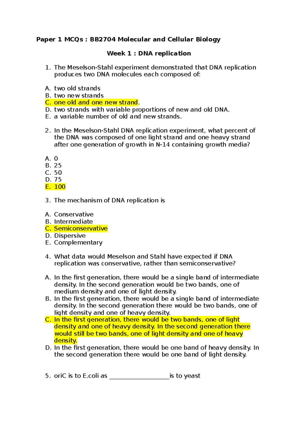 Paper 1 MCQs Practice - Paper 1 MCQs : BB2704 Molecular and Cellular ...