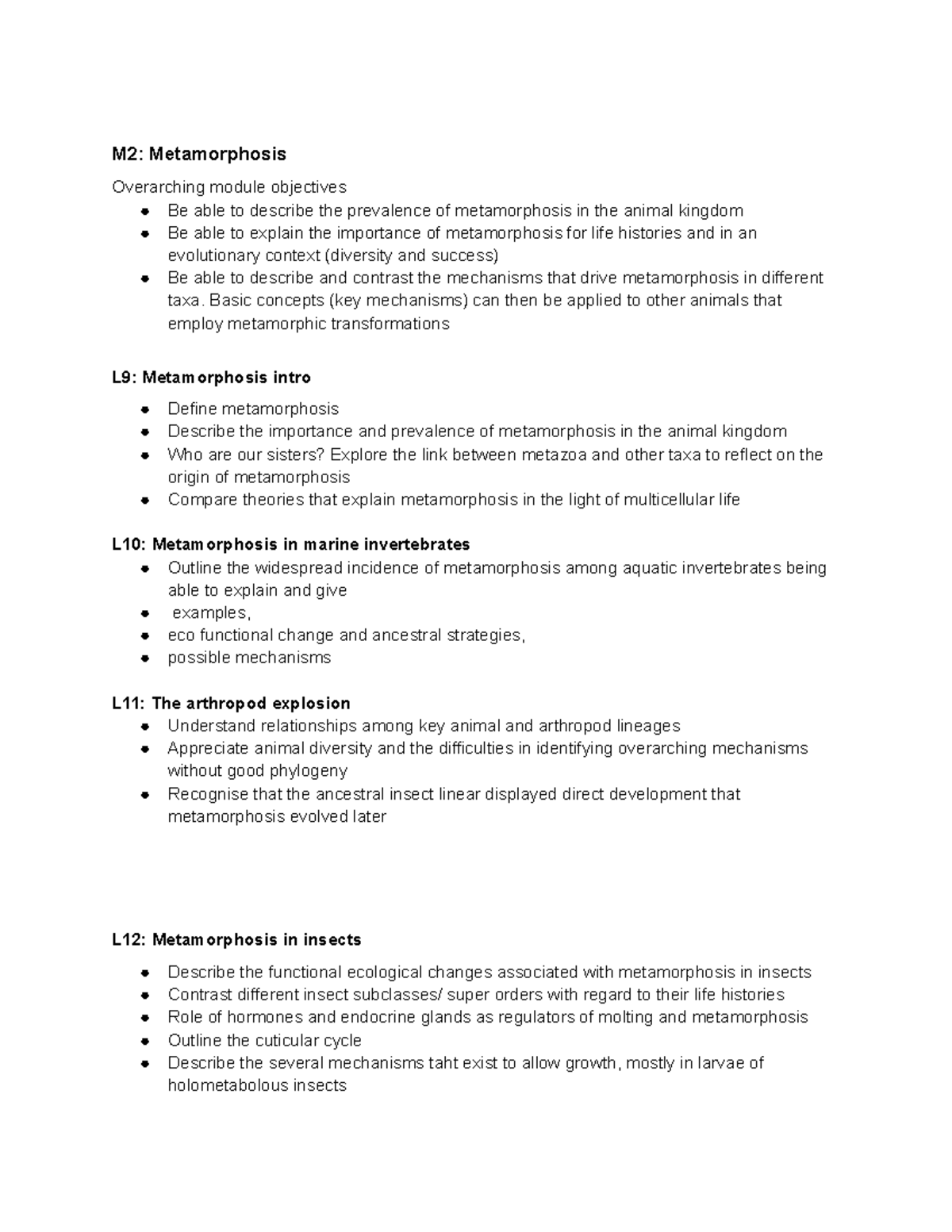 ZOOL223 Module 2 learning objectives - M2: Metamorphosis Overarching ...
